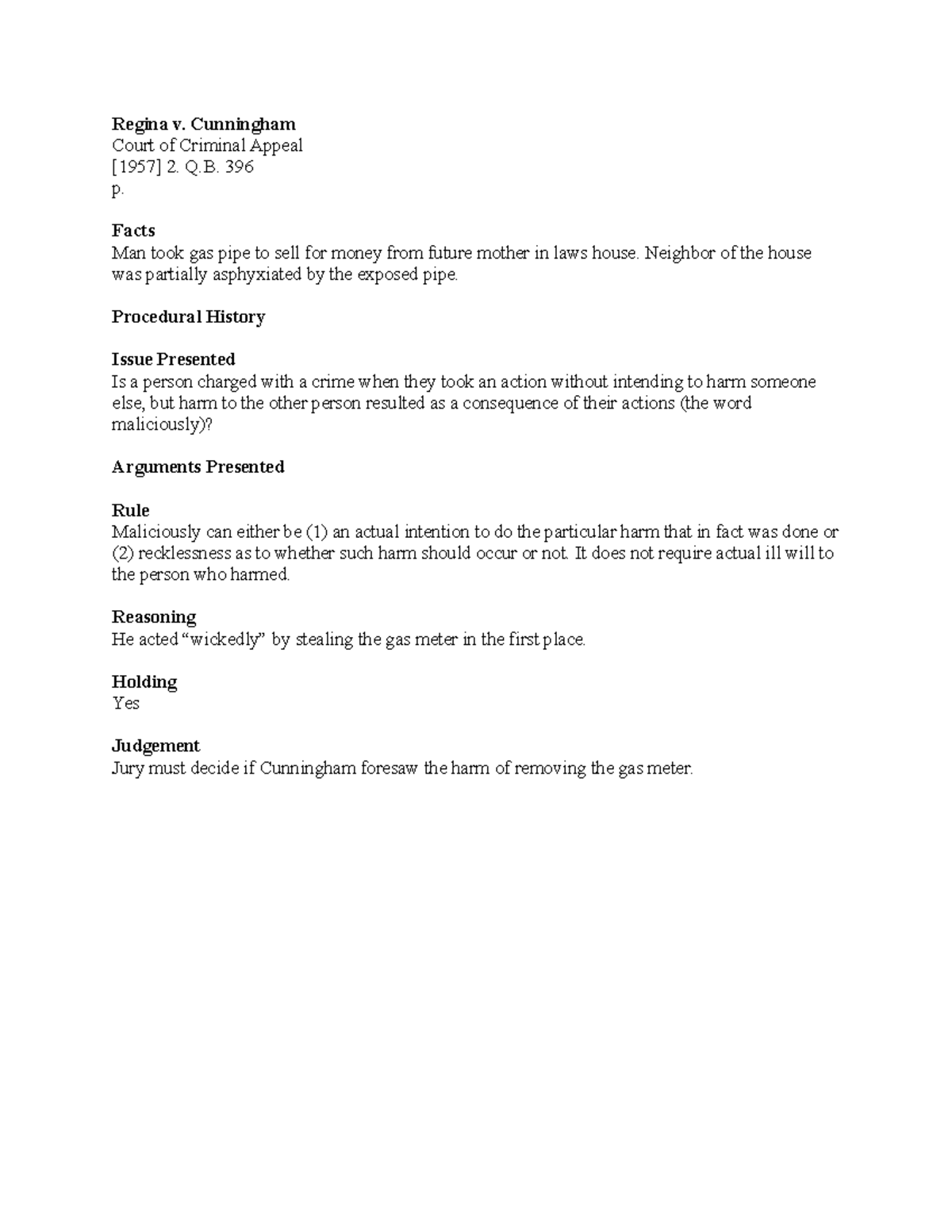 Regina v. Cunningham - Case brief. - Regina v. Cunningham Court of ...