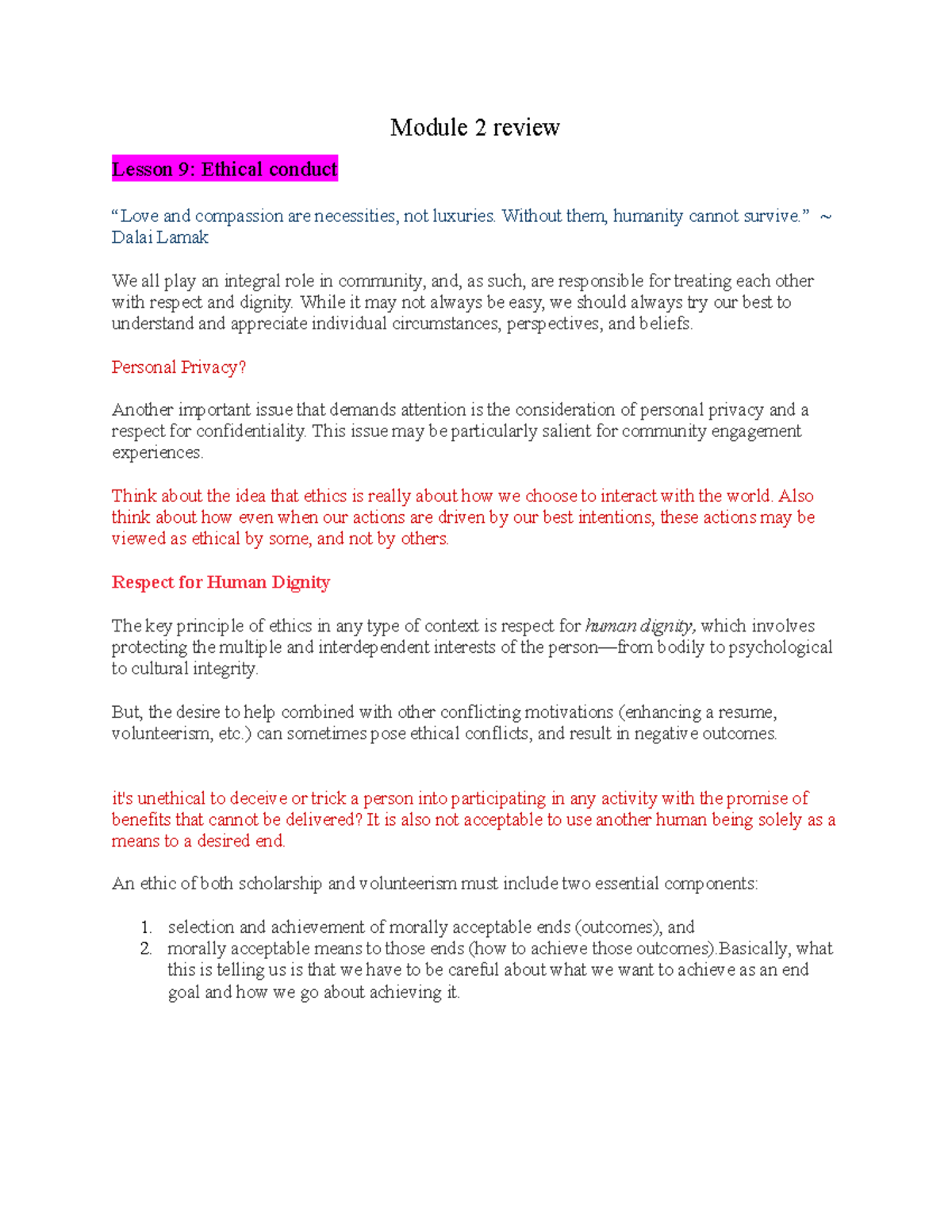 Module 2 review - Lecture notes 2 - Module 2 review Lesson 9: Ethical ...