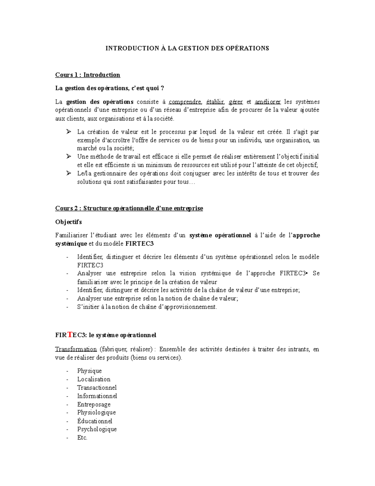 AOT4200 - Cours 1 à 6 - INTRODUCTION À LA GESTION DES OPÉRATIONS Cours ...