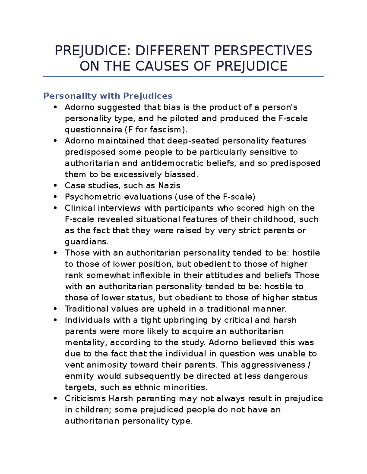 Prejudice, Different Perspectives ON THE Causes OF Prejudice ...