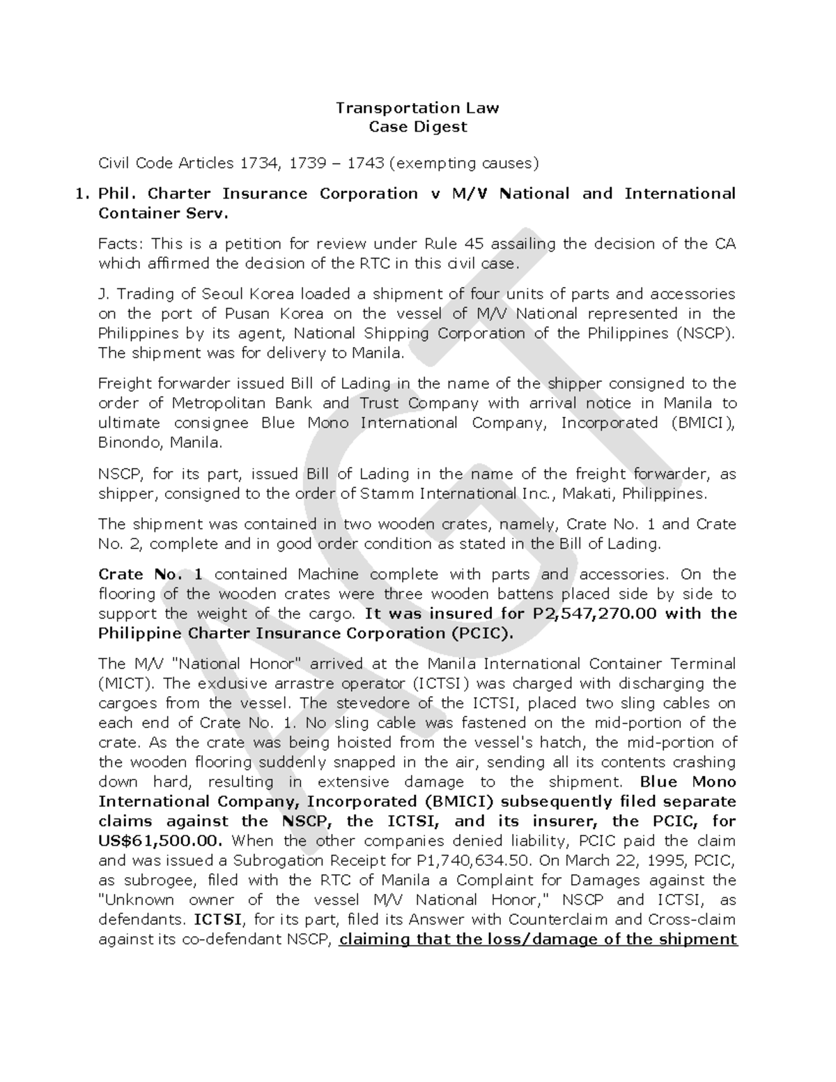 Case Digest Day 3 - Transportation Law Case Digest Civil Code Articles ...