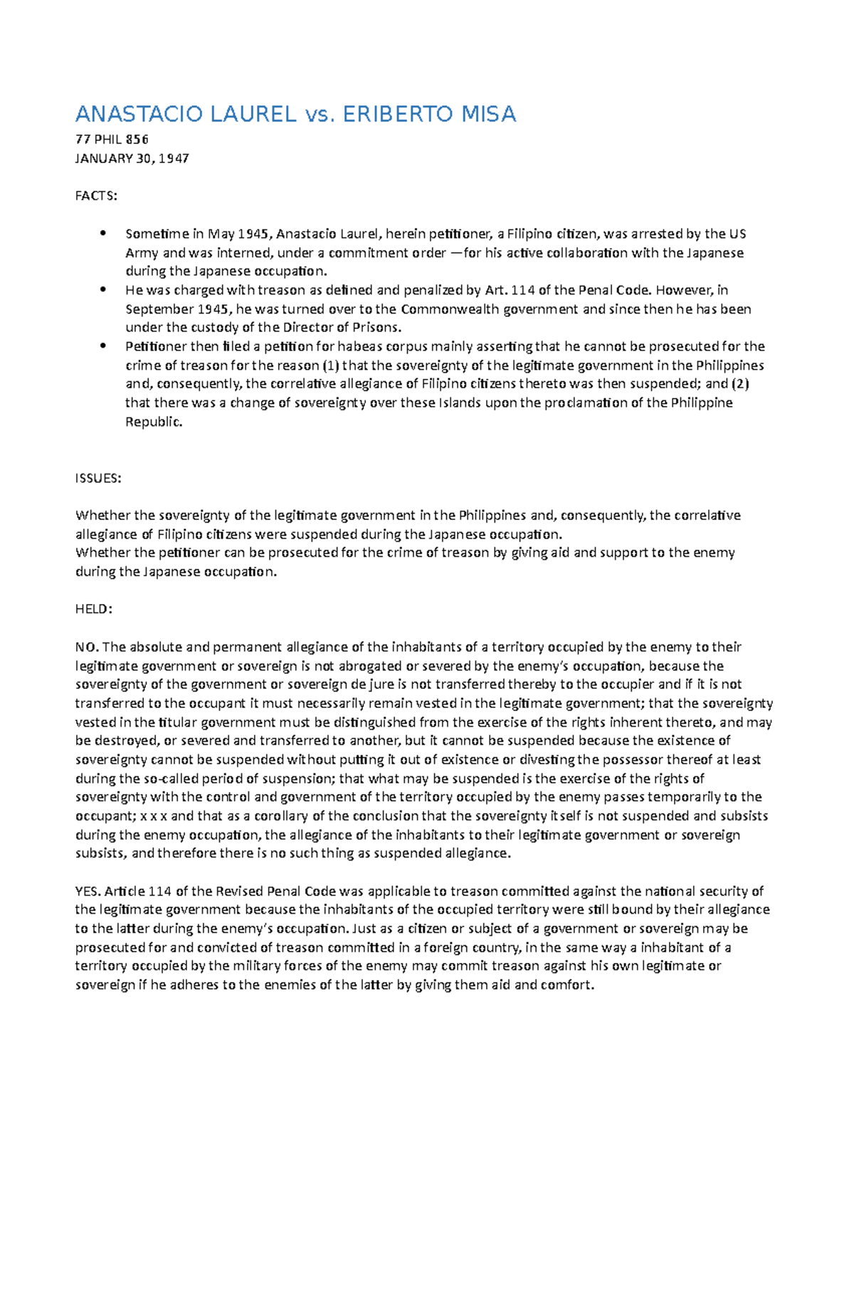 CRIM 2 Case Digest of Lecture Cases - ANASTACIO LAUREL vs. ERIBERTO ...