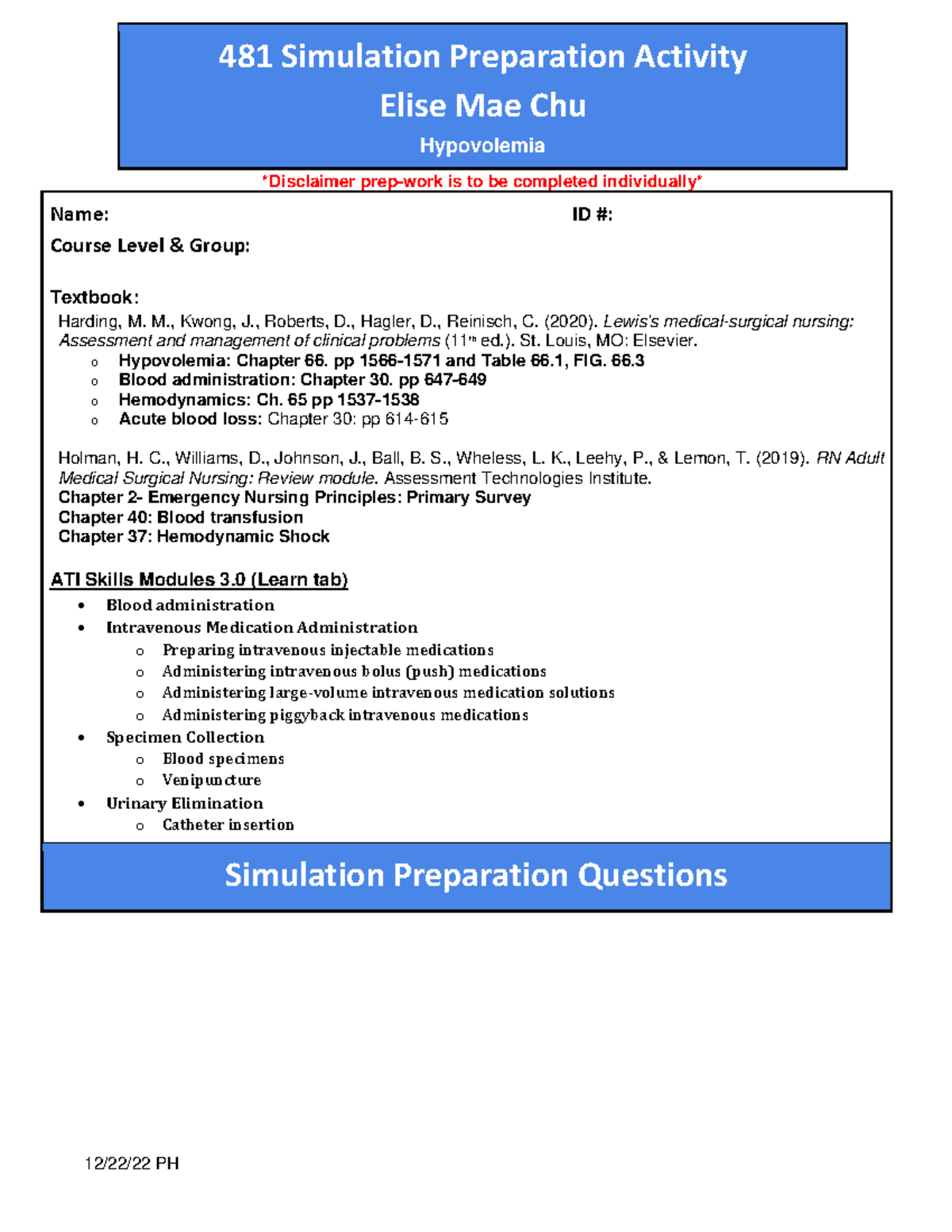 1 Prep Work Elise Mae Chu '23-481 - Elise Mae Chu Hypovolemia ...