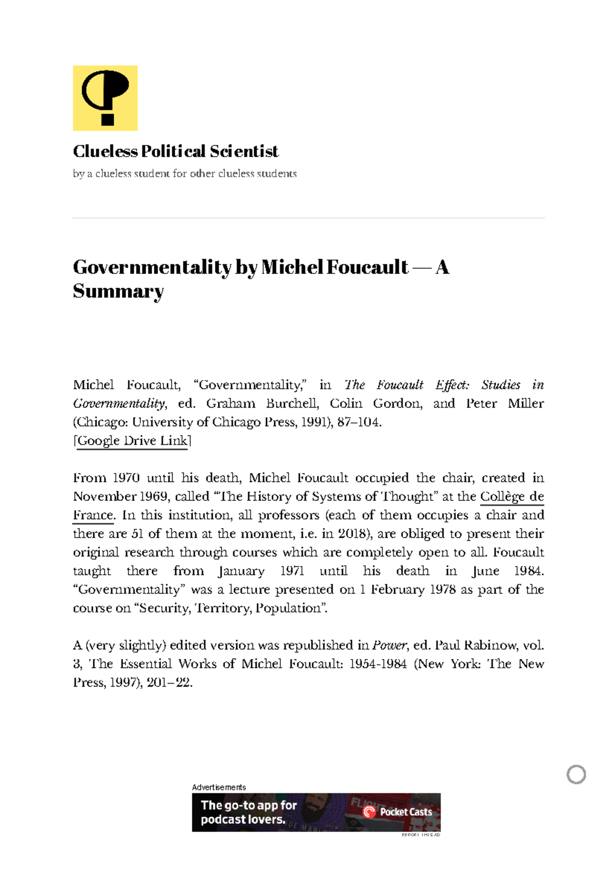 Governmentality by Michel Foucault — A Summary – Clueless Political ...