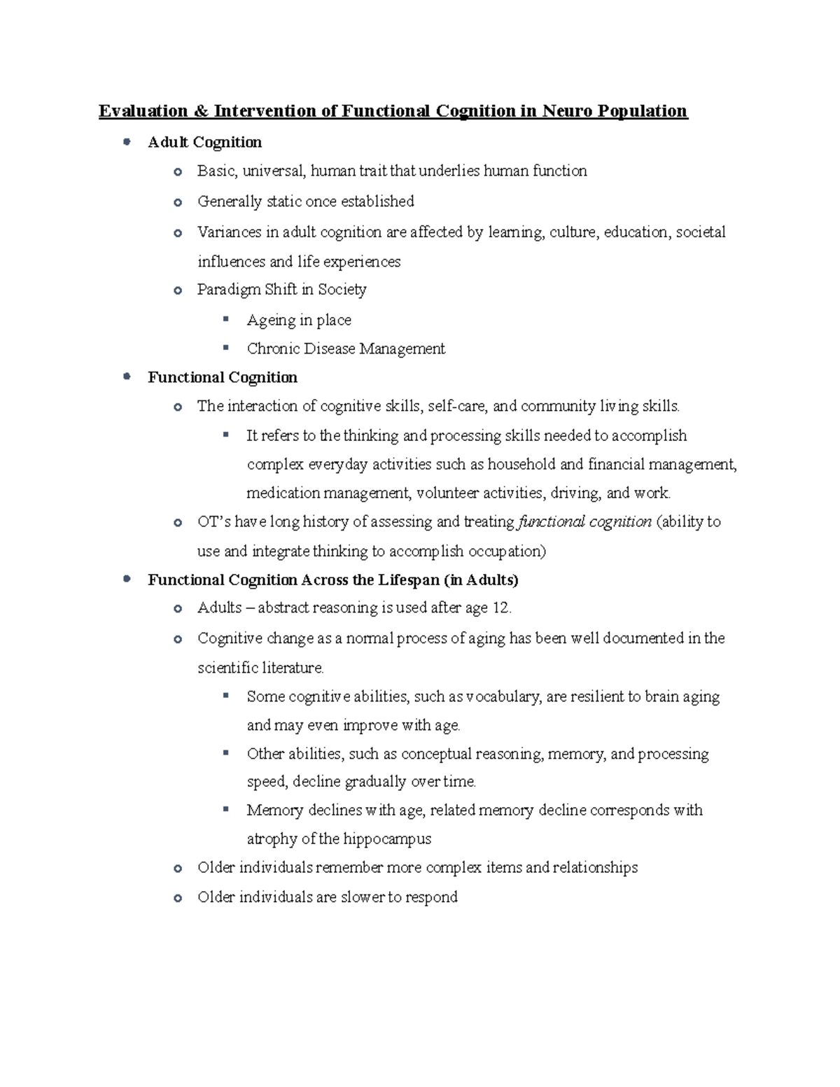 Evaluation for Functional Cognition Notes - Evaluation & Intervention ...