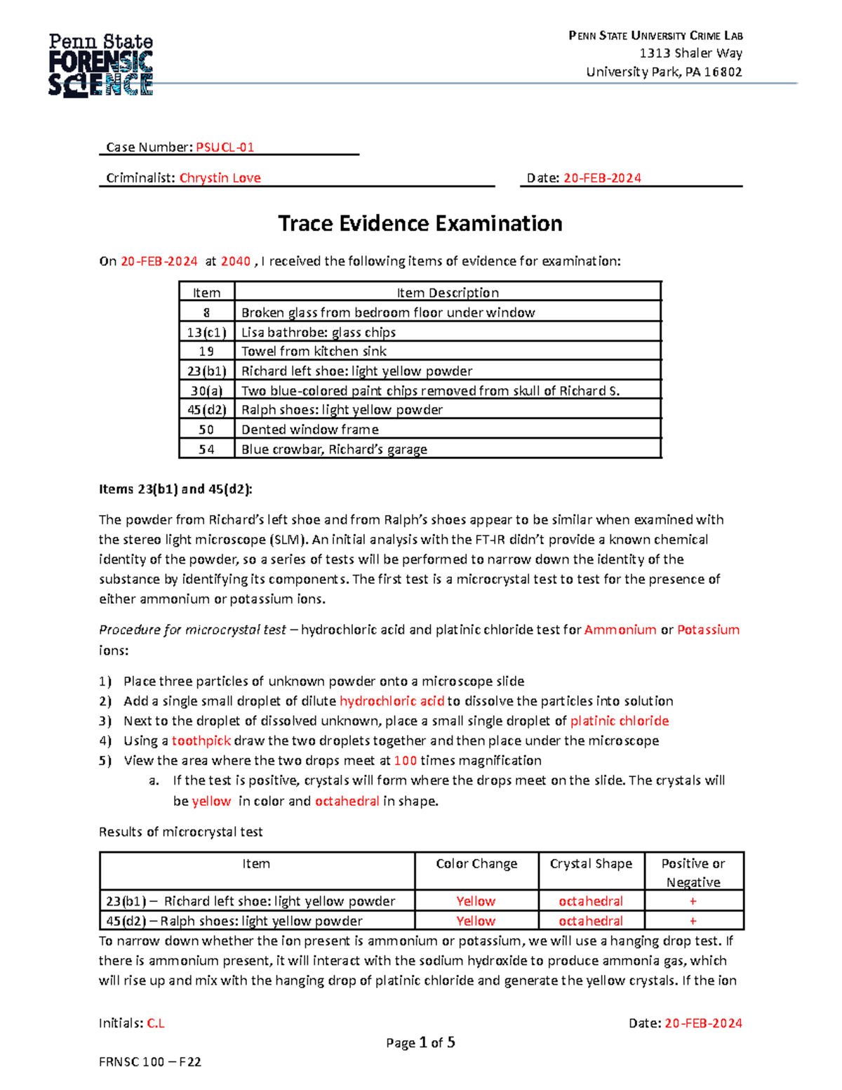 Case Notes - Trace Evidence Exam-1 - 1313 Shaler Way University Park ...