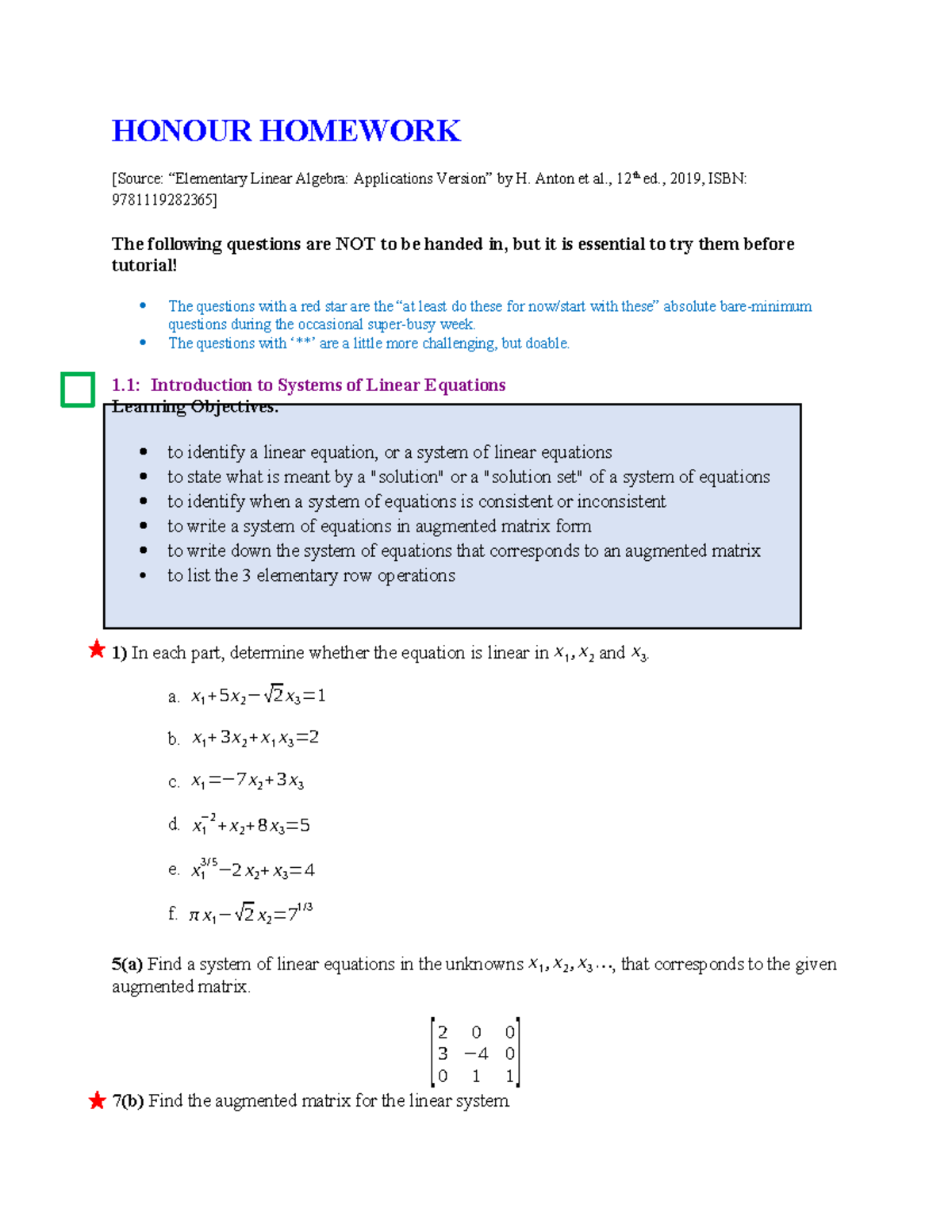 Hw Mod1 Homework For Week 1 Honour Homework [source “elementary Linear Algebra
