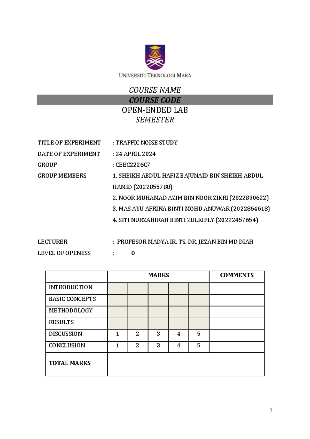 Lab Trafic noise level - COURSE NAME COURSE CODE OPEN-ENDED LAB ...