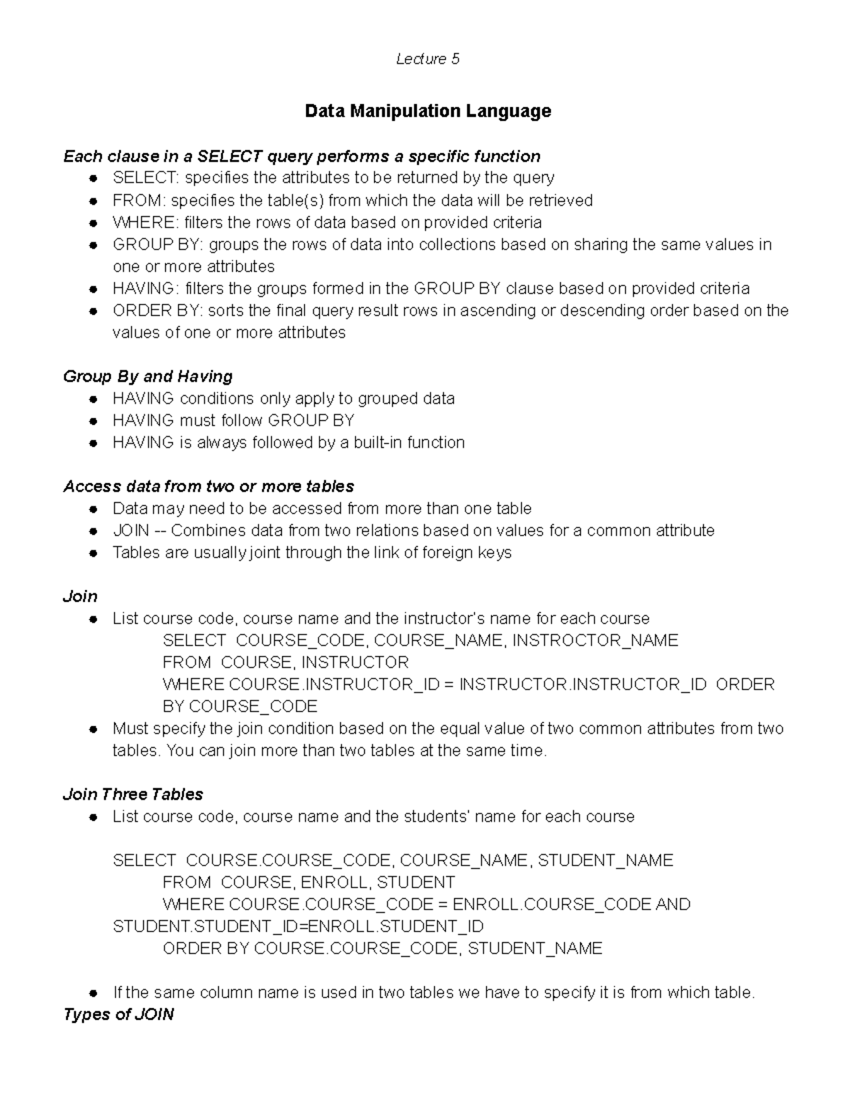 Lecture 5 - Data Manipulation Language - Lecture 5 Data Manipulation ...