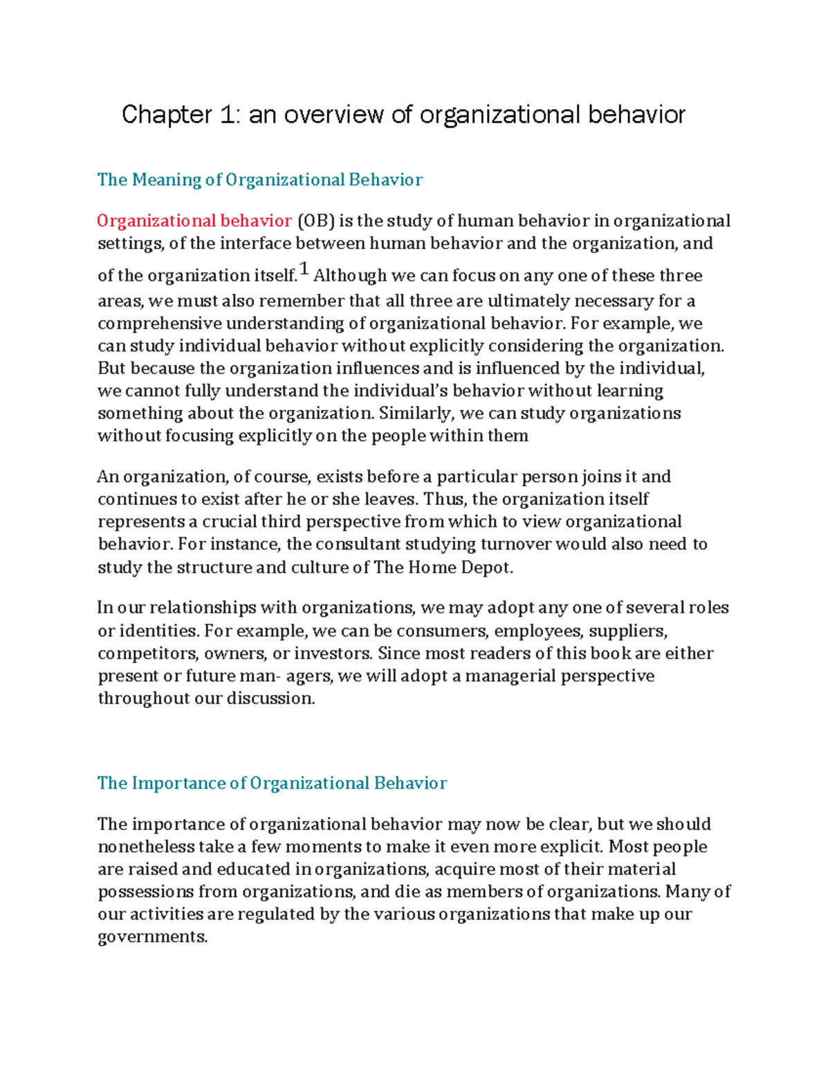 Organizational behavior textbook notes chapter 1 - Chapter 1: an ...