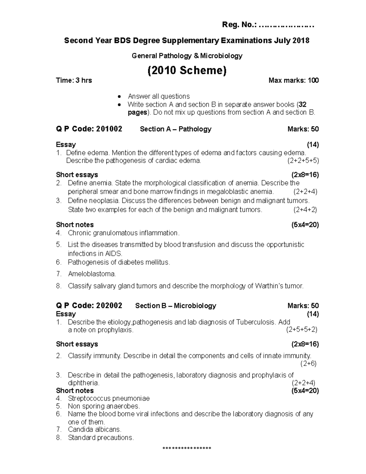 2010 02-9 - Reg. No.: ..................... Second Year BDS Degree Supplementary Examinations ...