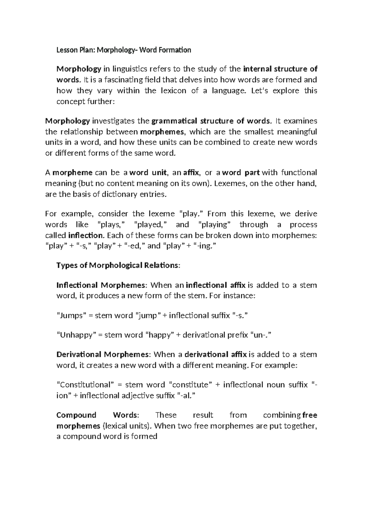 Explanation - Lesson Plan: Morphology- Word Formation Morphology in ...