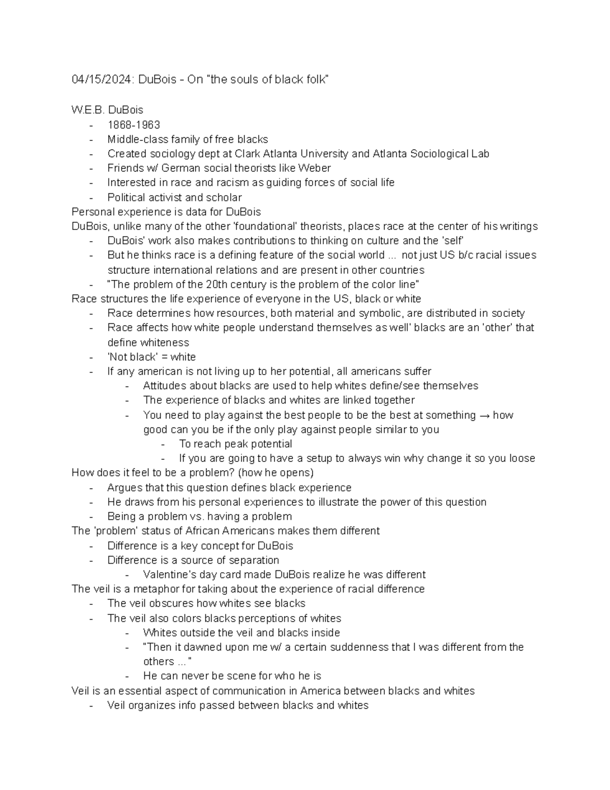 SOCI Theory - Du Bois - Du Bois Notes - 04/15/2024: DuBois - On “the ...