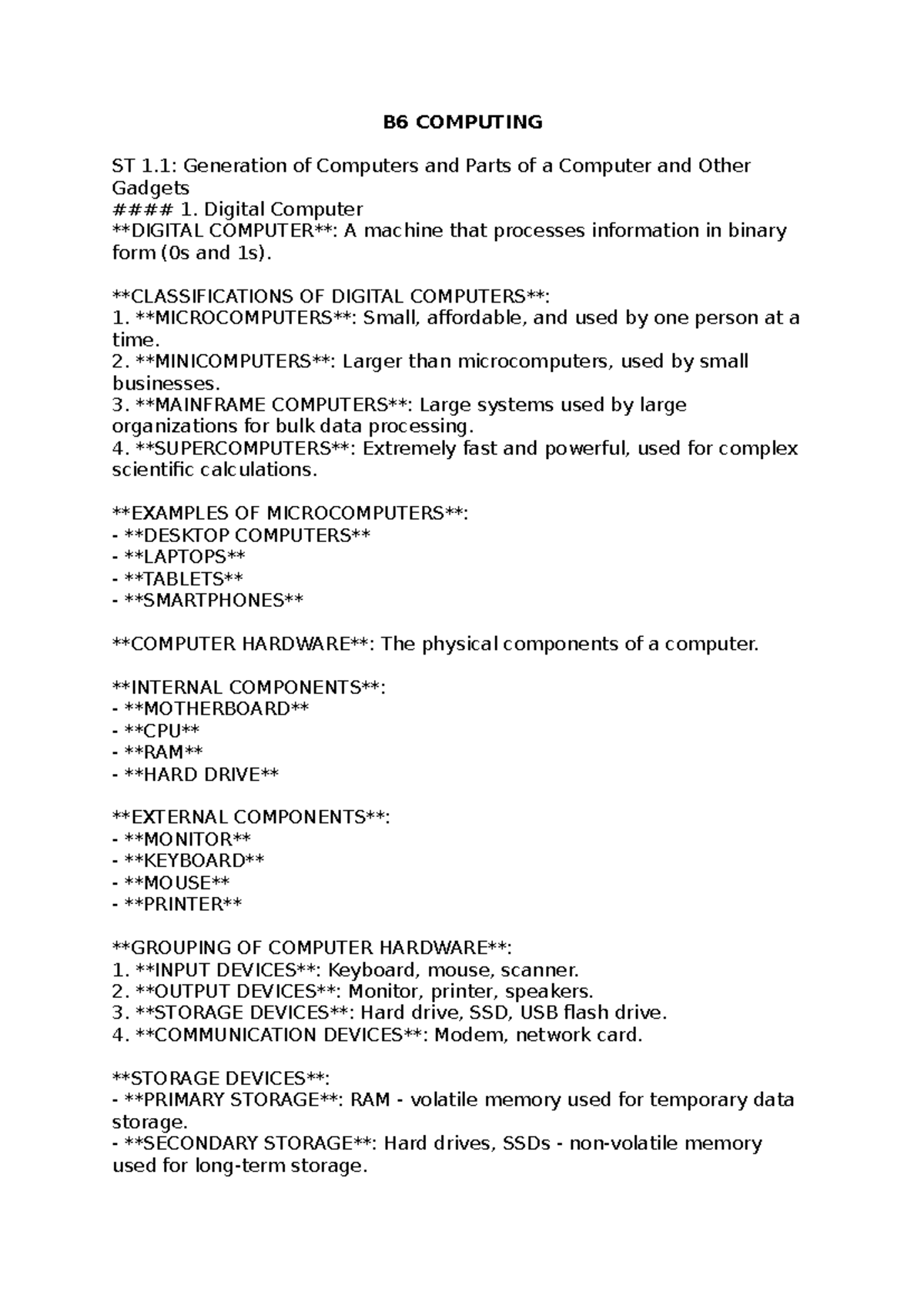 B6 Computing - B6 COMPUTING ST 1: Generation of Computers and Parts of a Computer and Other ...