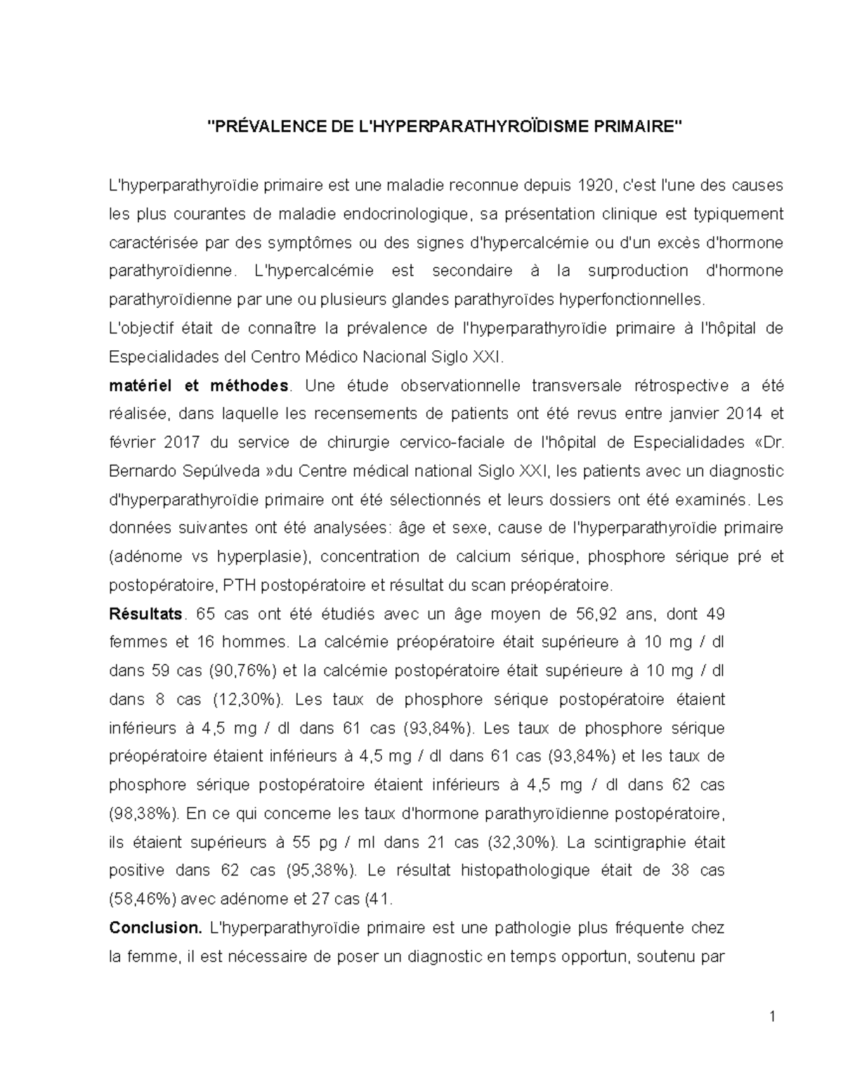 Prévalence DE L' Hyperparathyroïdisme Primaire - 1 "PRÉVALENCE DE L ...