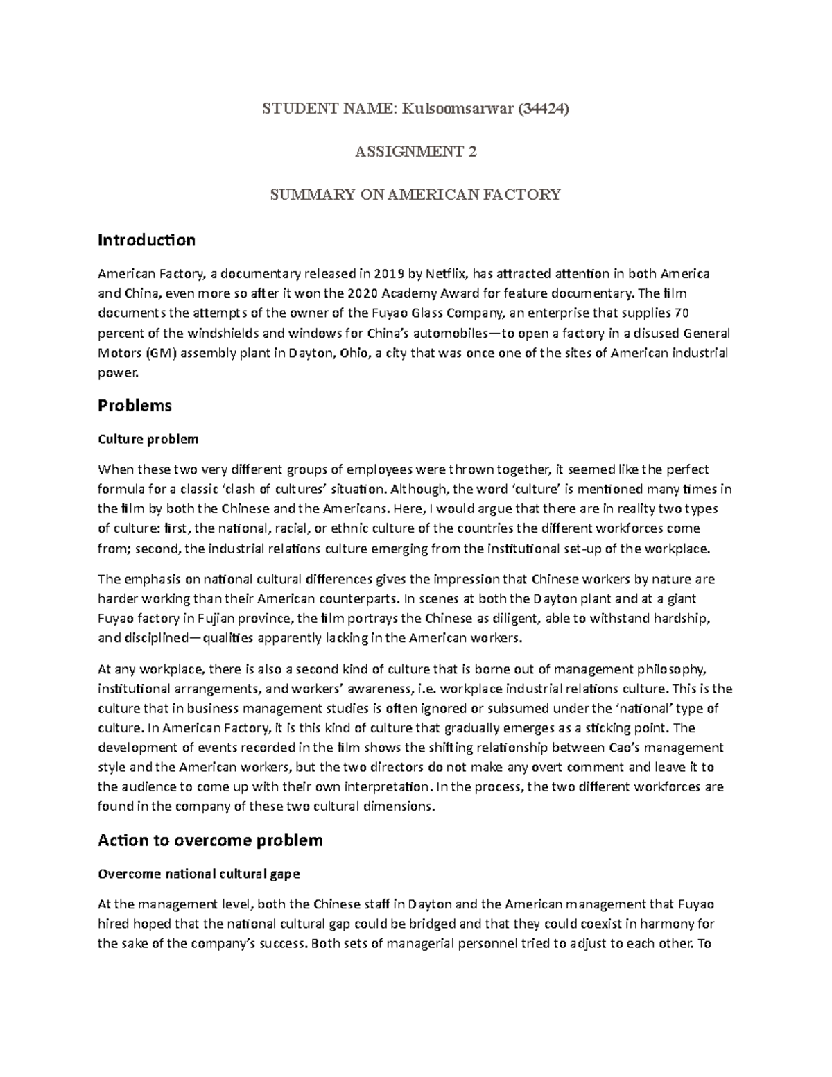 Assignment 2 American factory - STUDENT NAME: Kulsoomsarwar (34424 ...