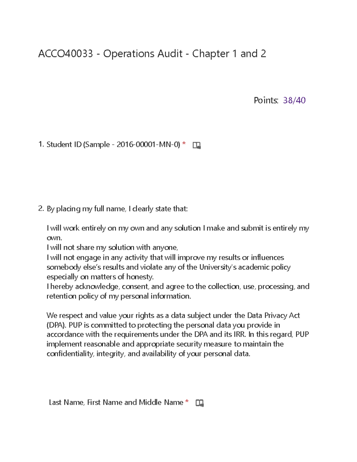 Op Aud - Quiz 1 - Quiz on Operational Auditing - ACCO40033 - Operations Audit - Chapter 1 and 2 ...