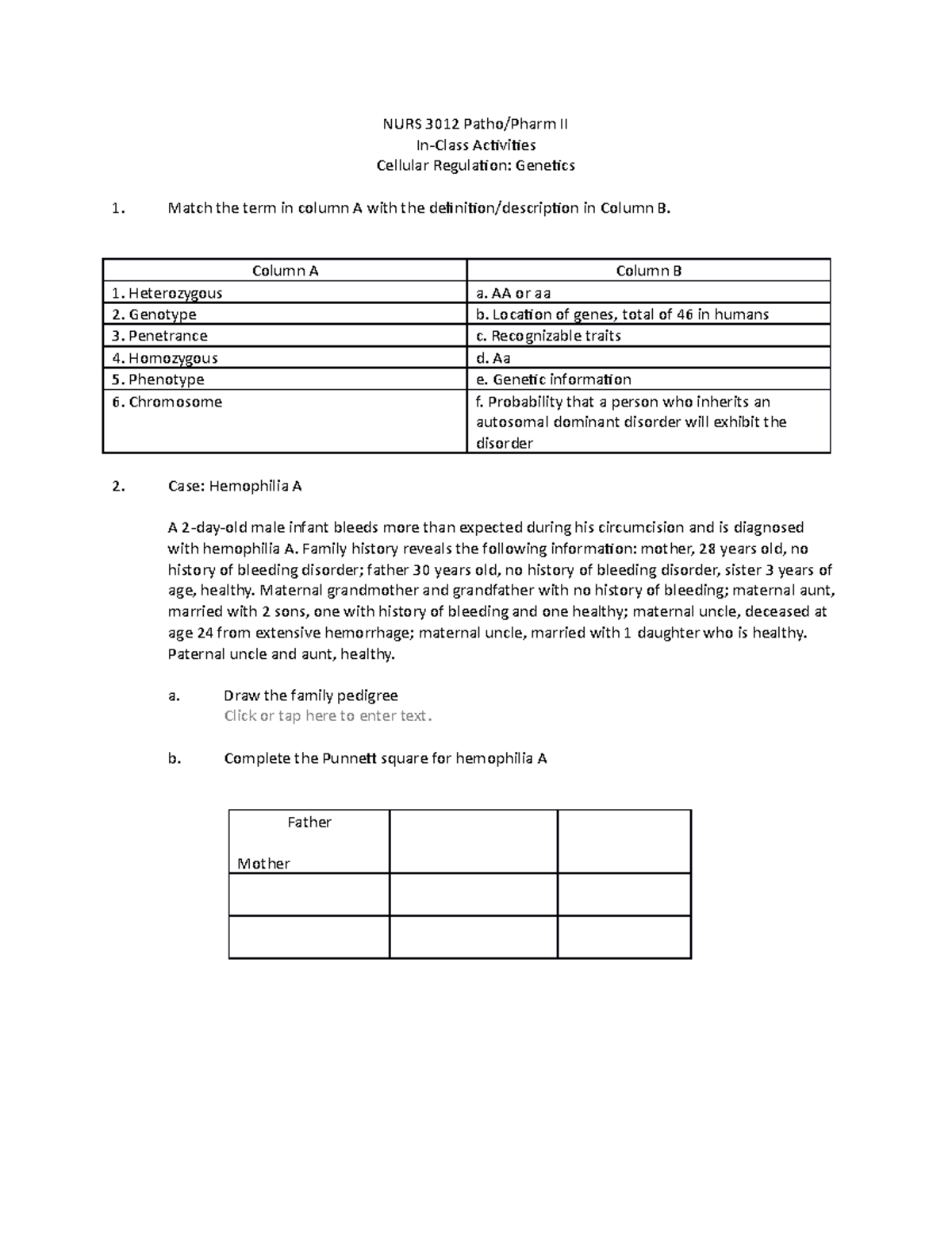Genetics Worksheet for In-Class Activities - NURS 3012 Patho/Pharm II ...