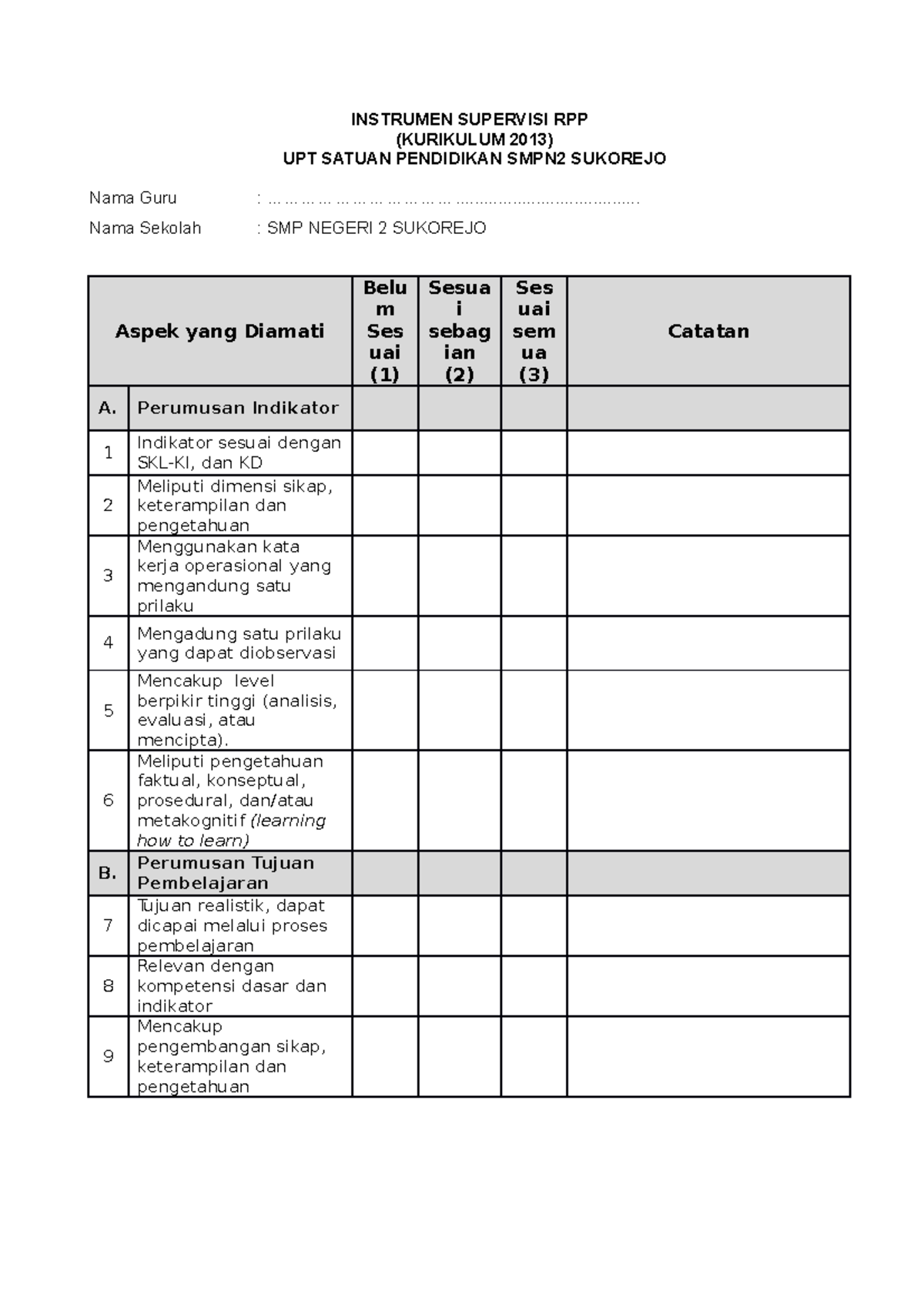 Instrumen - INSTRUMEN SUPERVISI RPP (KURIKULUM 2013) UPT SATUAN ...