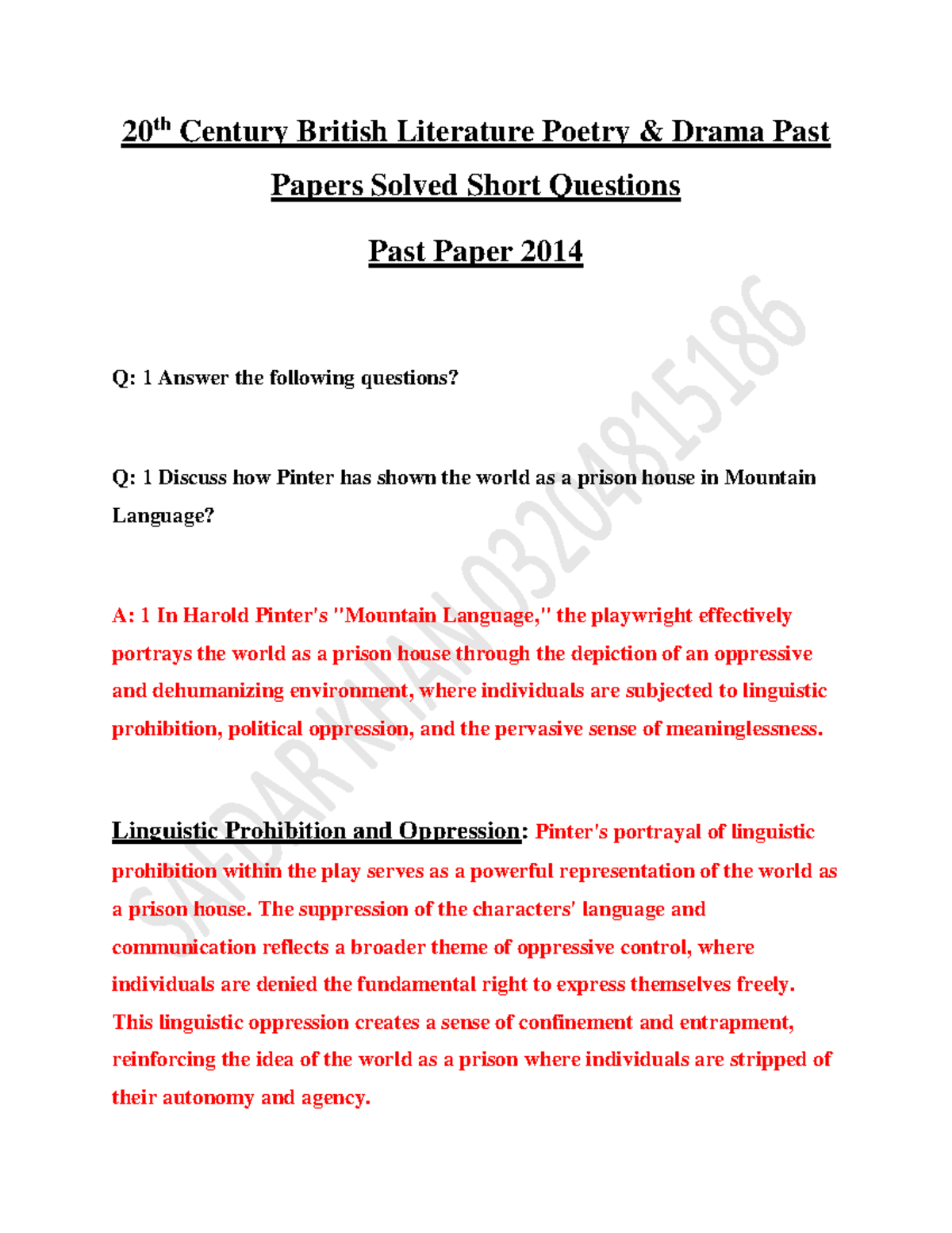 20th Century British Literature Poetry & Drama Past Papers Solved Short ...