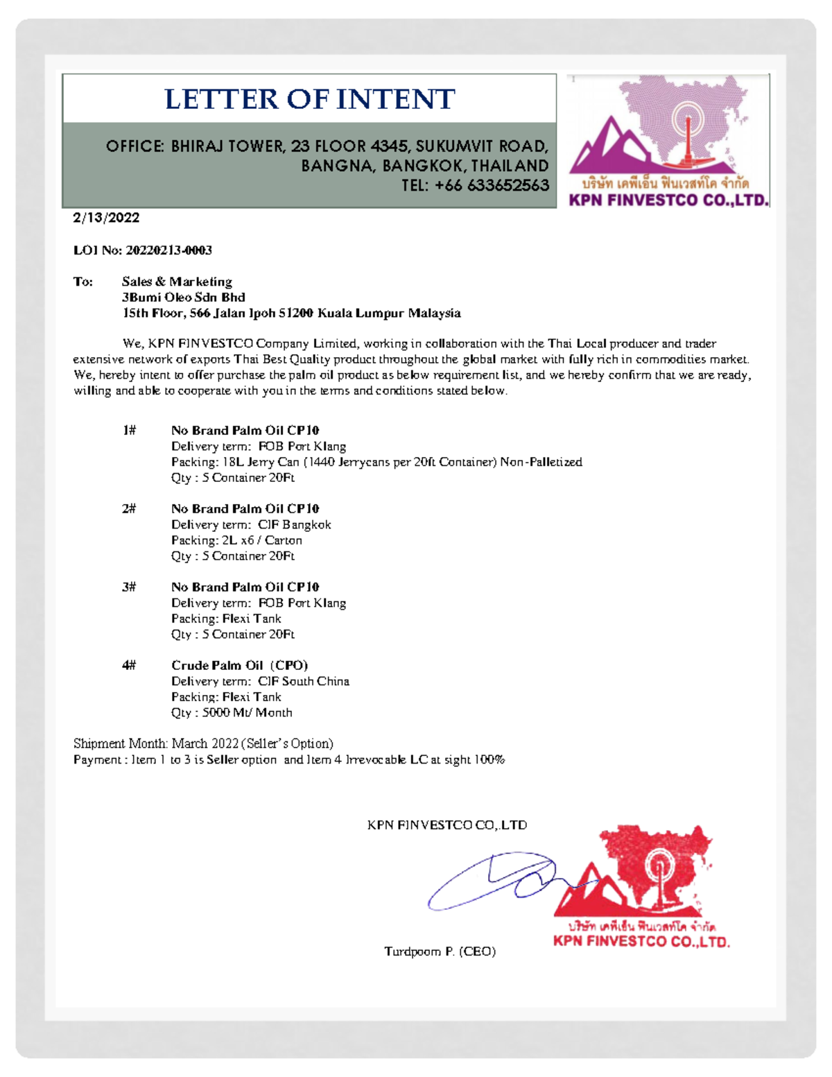 LOI - Palm Oil 202202 - 3BUMI - LETTER OF INTENT OFFICE: BHIRAJ TOWER ...