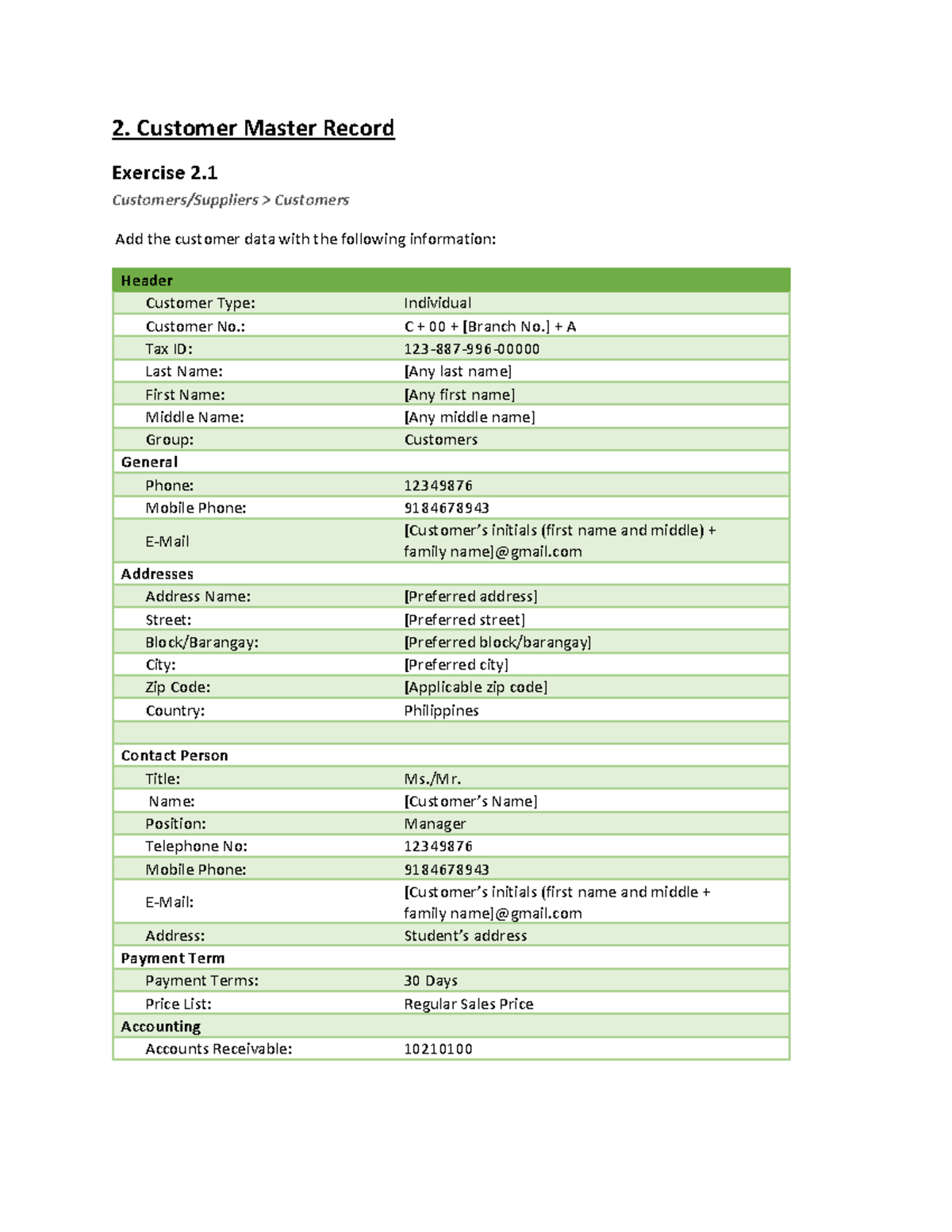 Atad, Thea Mae Exercise 2 - 2. Customer Master Record Exercise 2 ...