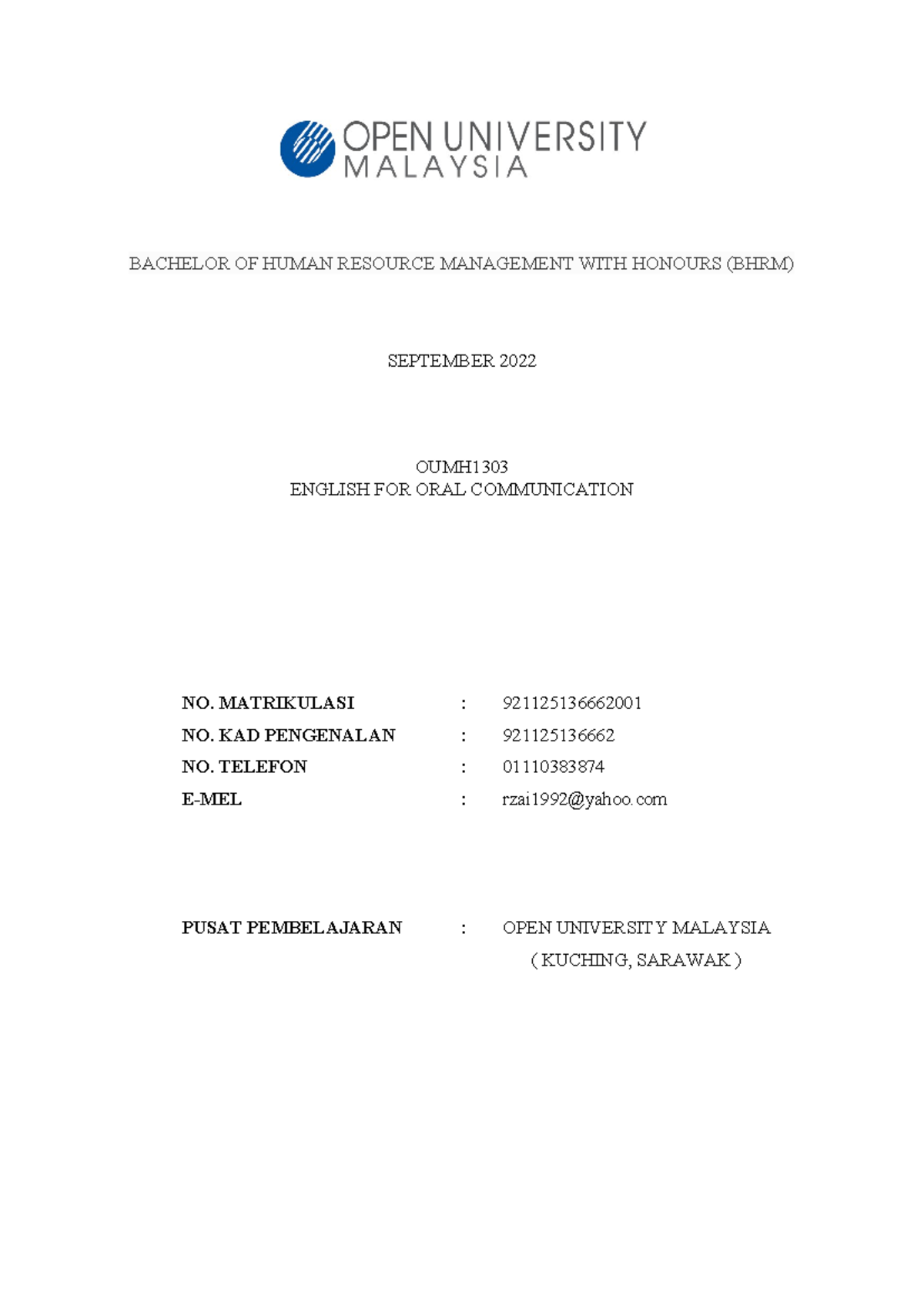 Assignment english oral communication - BACHELOR OF HUMAN RESOURCE MANAGEMENT WITH HONOURS (BHRM ...