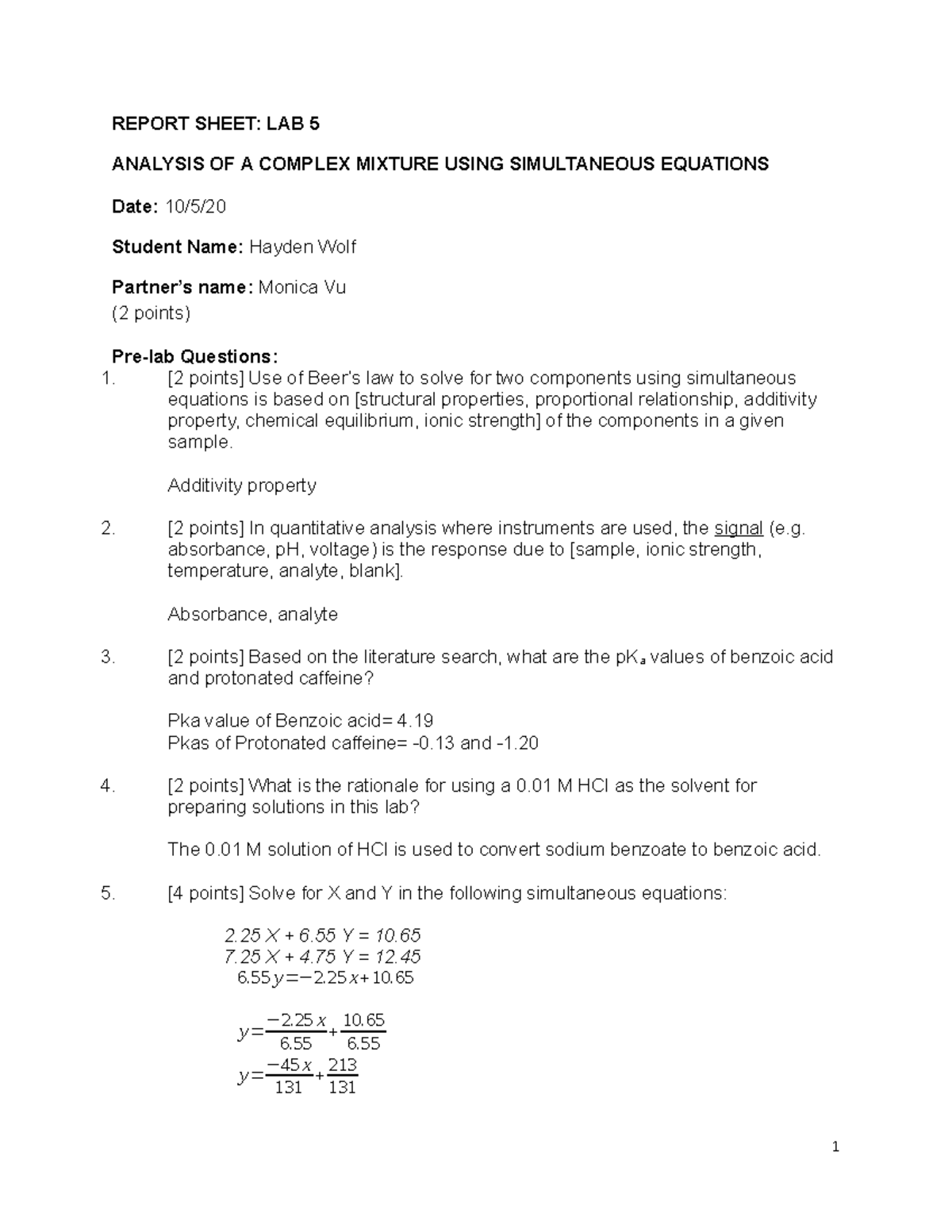 Report Sheet lab 5 quant chem - REPORT SHEET: LAB 5 ANALYSIS OF A ...