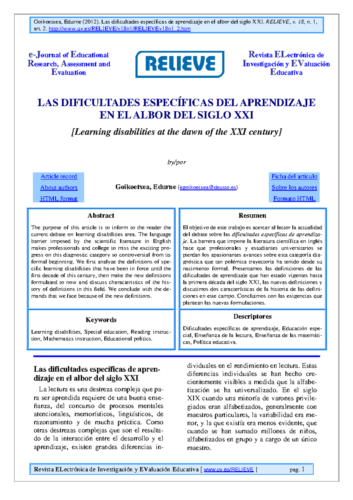 LAS Dificultades Específicas DEL Aprendizaje - art. 2. uv/RELIEVE/v18n1/RELIEVEv18n1_2.htm e-J ...