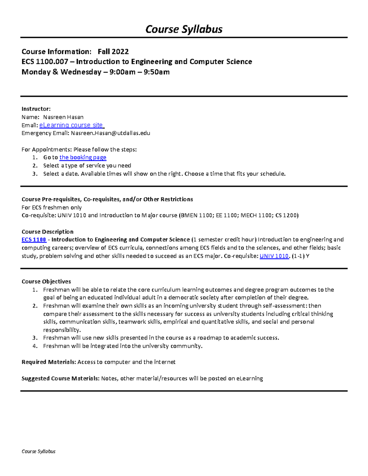 Ecs 1100 Syllabus Course Syllabus Course Syllabus Course Information Fall 2022 Ecs 1100 1760