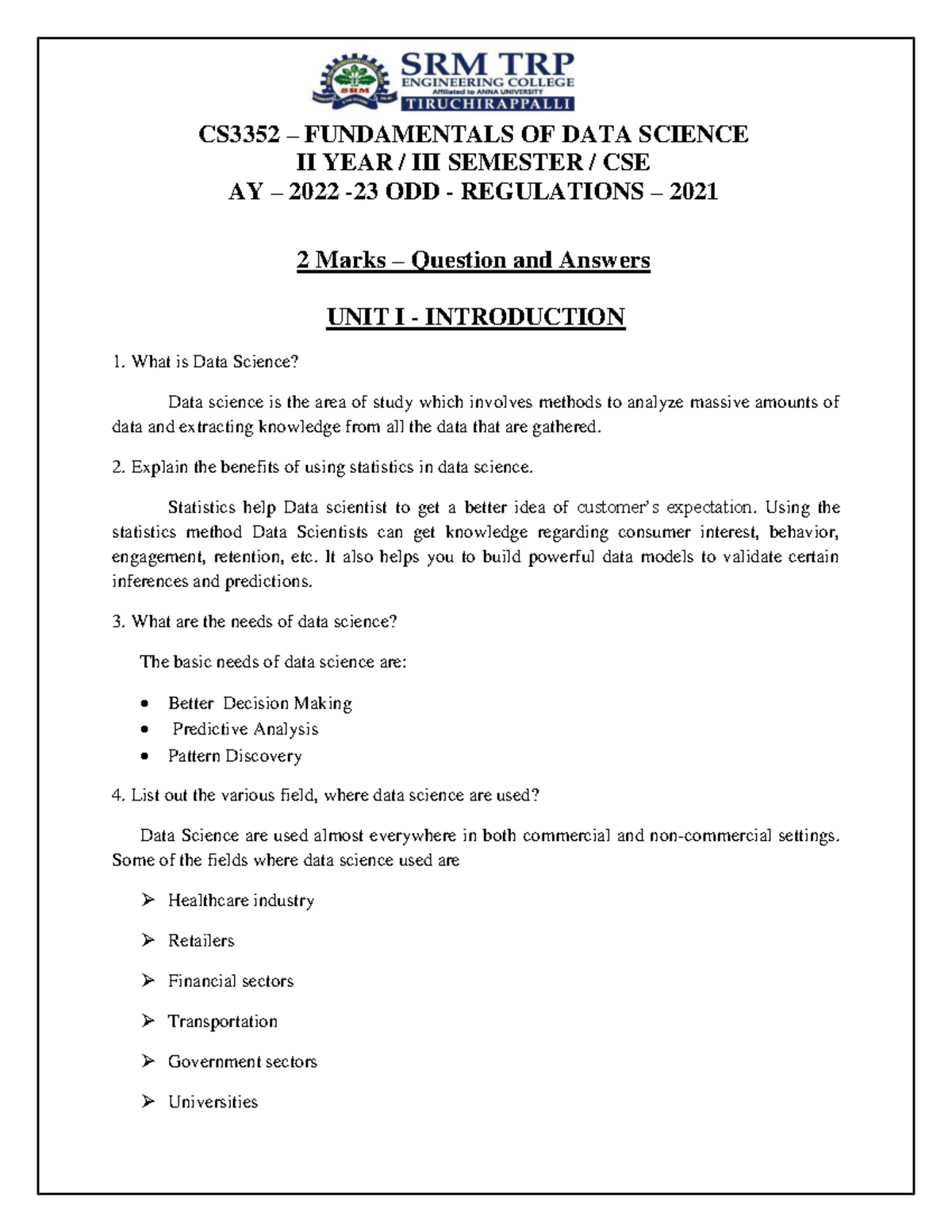 UNIT I - 2 Marks with Ans - CS3352 – FUNDAMENTALS OF DATA SCIENCE II YEAR / III SEMESTER / CSE ...
