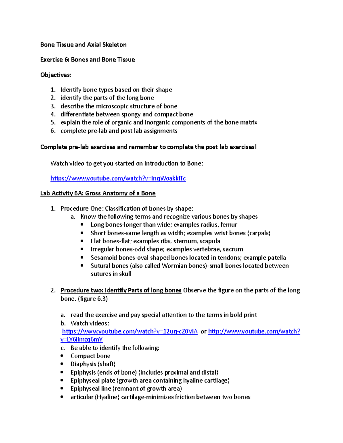 Exercise 6 and 7 PART I Axial Skeleton 2022 - Bone Tissue and Axial ...