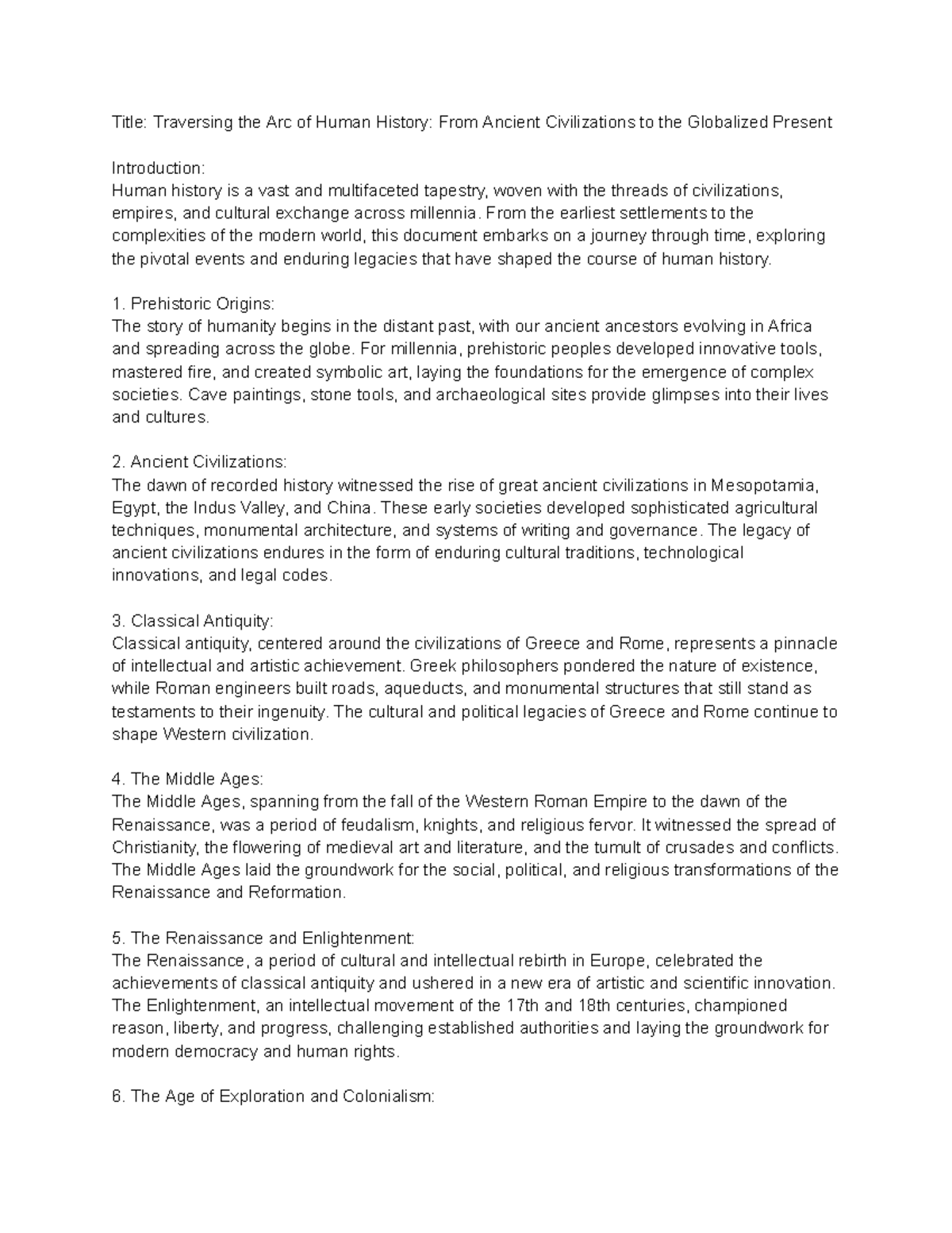 Title Traversing the Arc of Human History From Ancient Civilizations to ...
