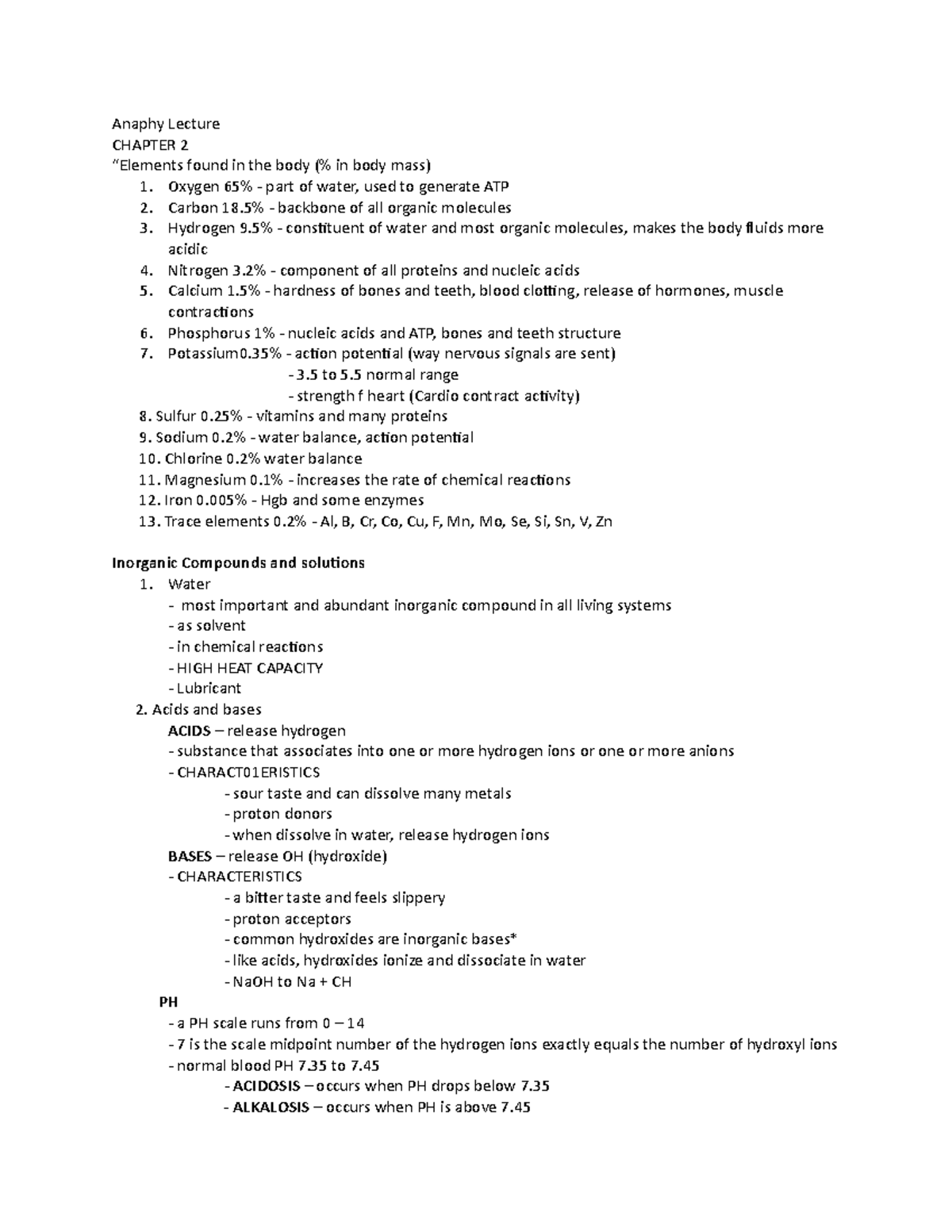 Anatomy and Physiology - Anaphy Lecture CHAPTER 2 “Elements found in ...