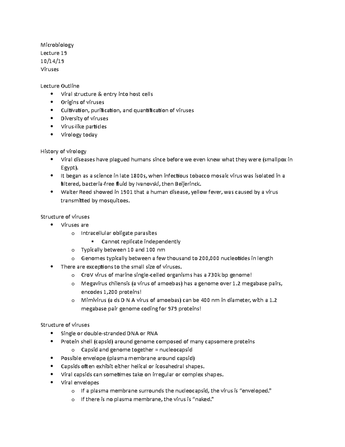 Microbiology Lecture 19 Viruses Lecture Outline - Studocu