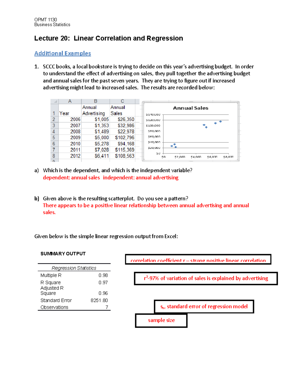 Lecture 20 Additional Examples Solution - Business Statistics Lecture 20: Linear Correlation and ...