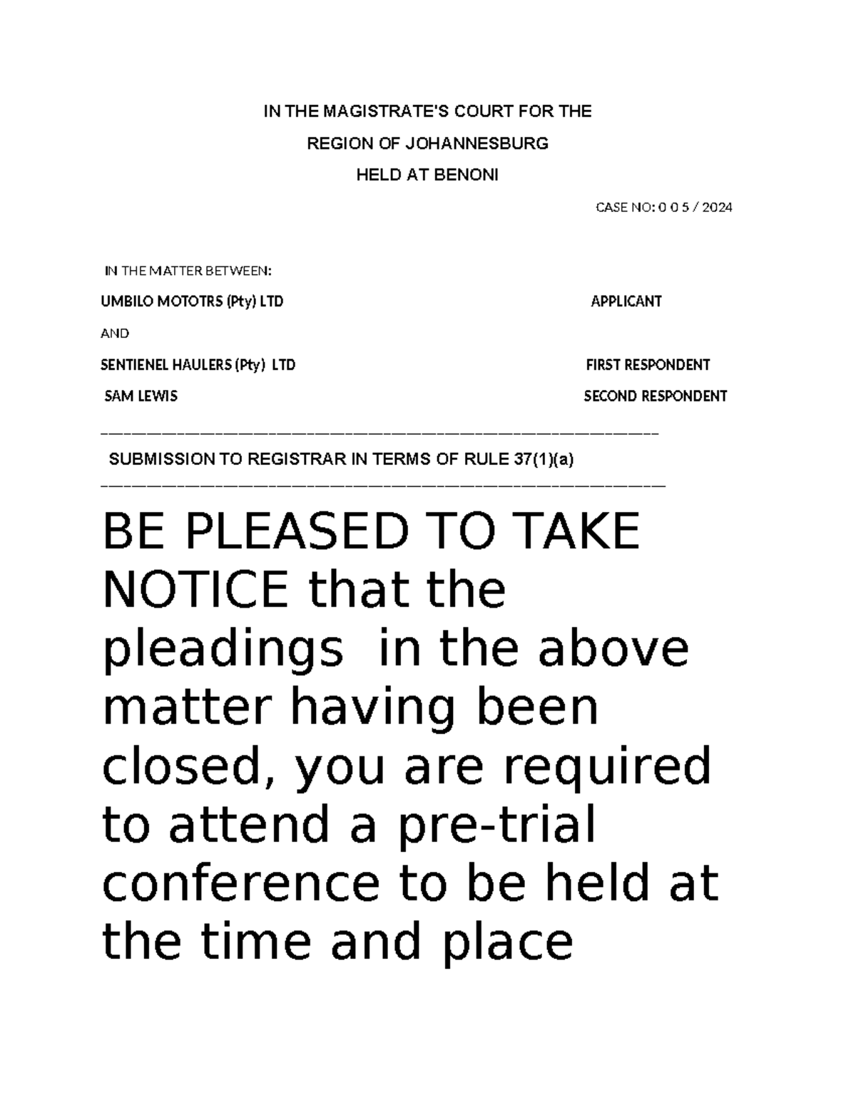 Draft rule 35 - Summary Law of Property - IN THE MAGISTRATE'S COURT FOR ...