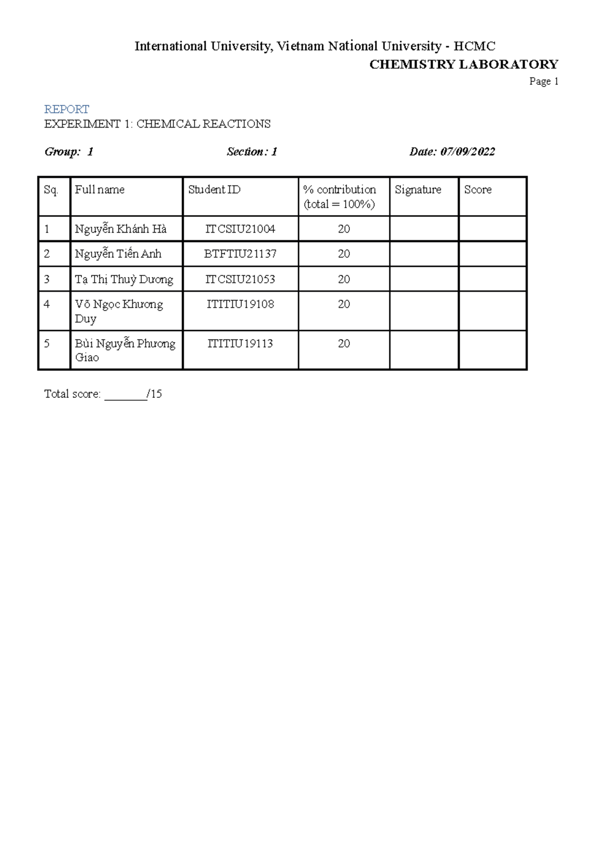 Chemlab Report Ex1 - lab - CHEMISTRY LABORATORY Page 1 REPORT ...