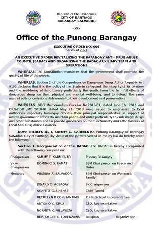 Executive Order No. 001 s. 2024 Organizing THE BPAT - Republic of the ...