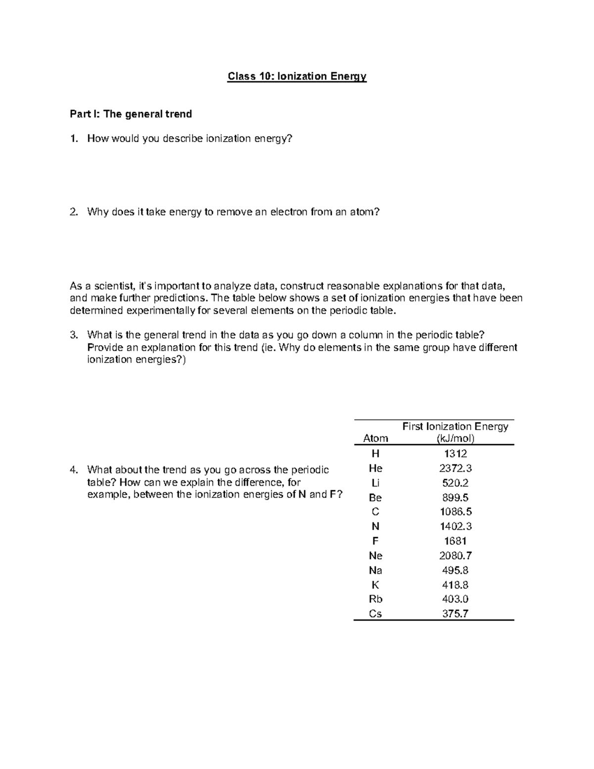 Class Day 10 CHEM150 Ionization Energy - Class 10: Ionization Energy ...