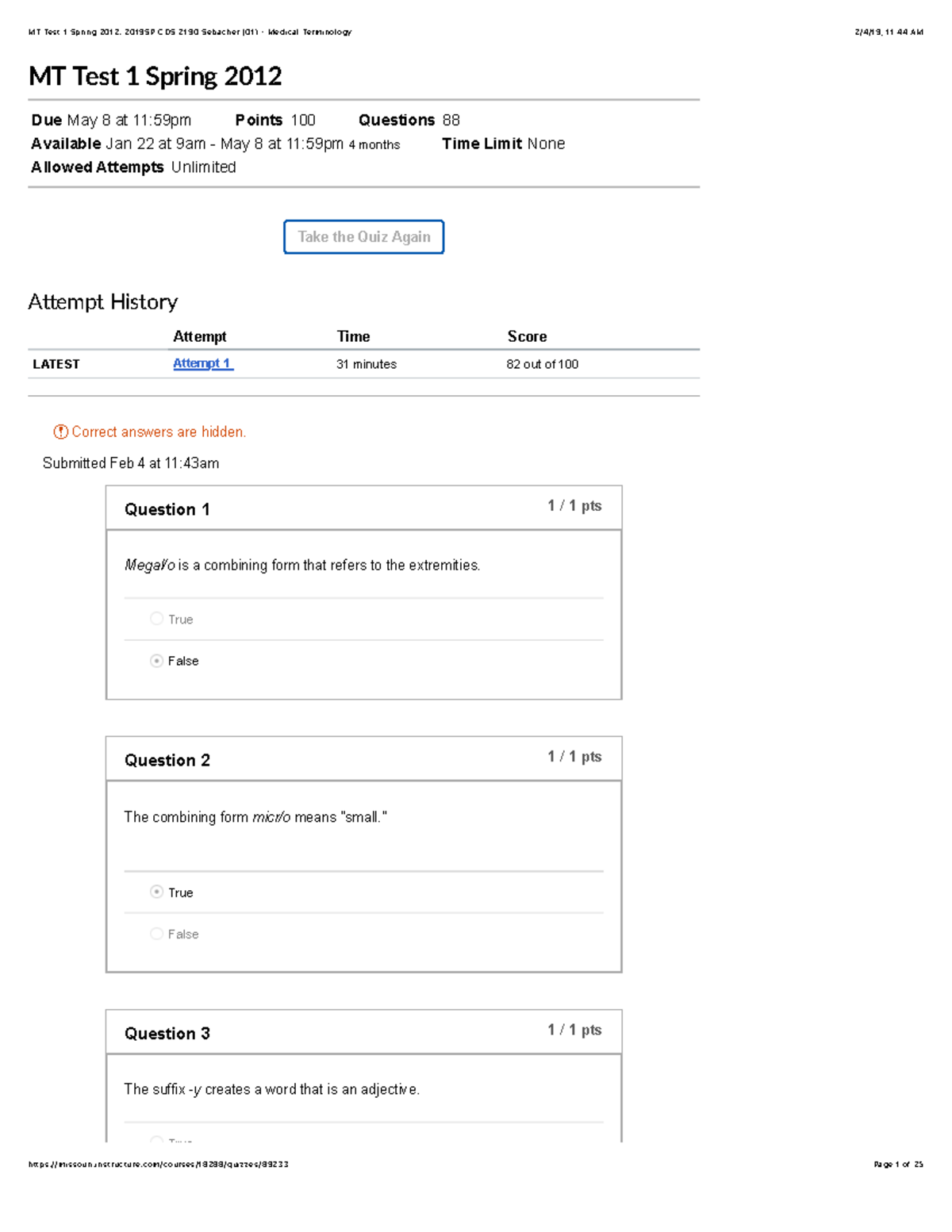 Test 1 Spring 2012, questions and answers - MT Test 1 Spring 2012 Due ...