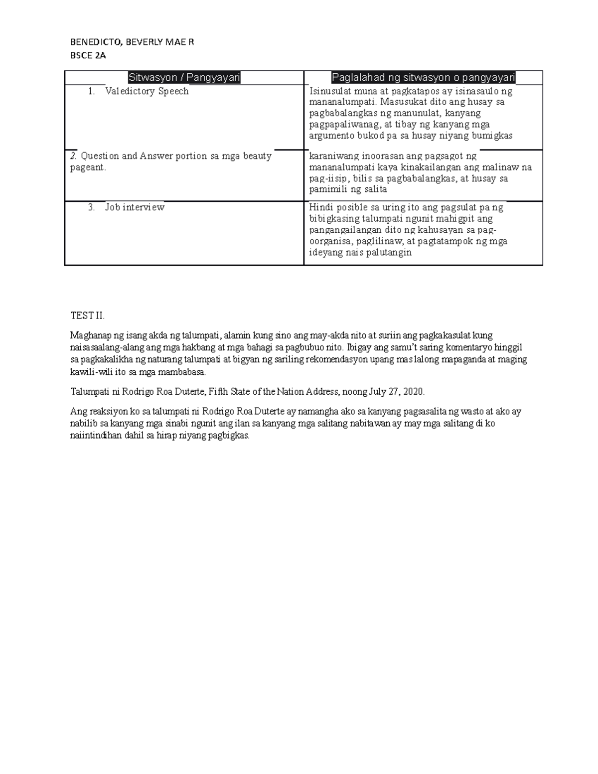 Talumpati - notes - BENEDICTO, BEVERLY MAE R BSCE 2A Sitwasyon ...