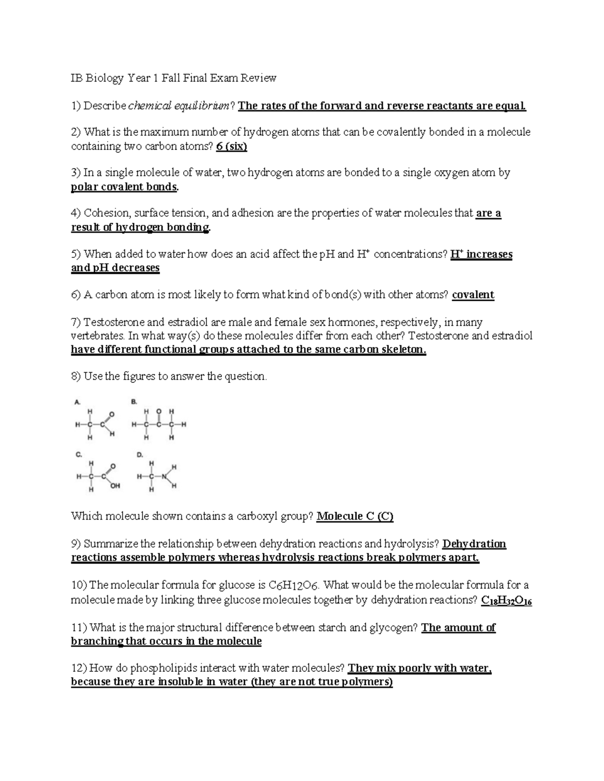 Bio Study Guide - IB Biology Year 1 Fall Final Exam Review Describe ...