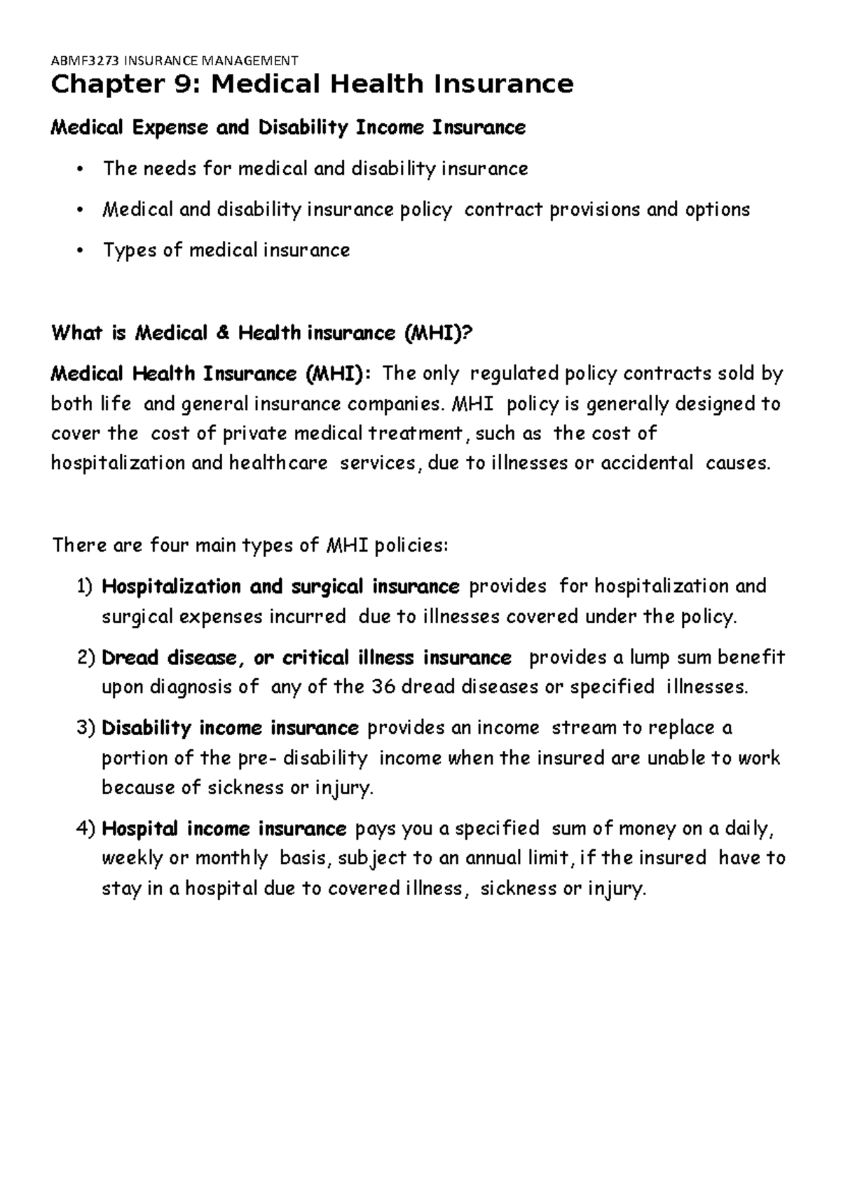 Chapter 9 Insurance Management Year 2 Sem 3 - Chapter 9: Medical Health ...