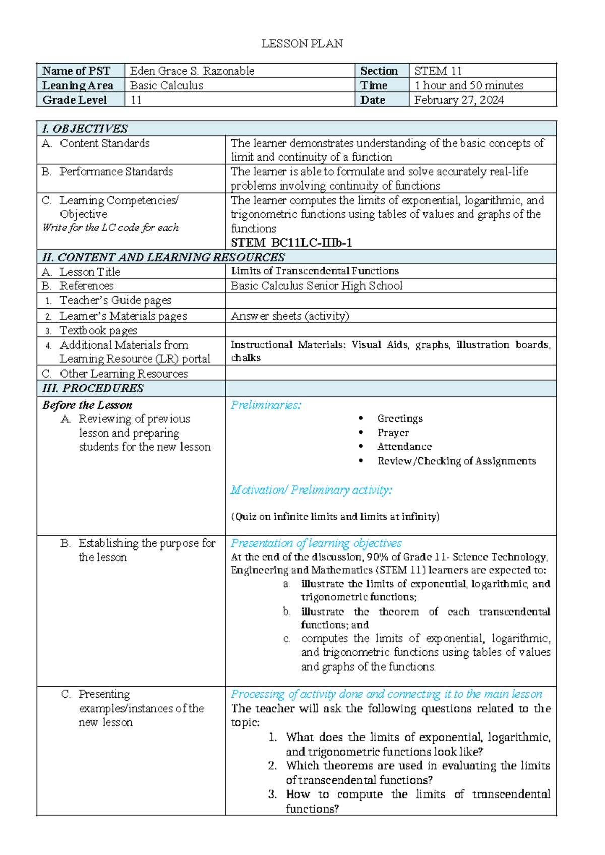 Limits of Transcendental Function Basic Calculus Grade 11 lesson Plan ...
