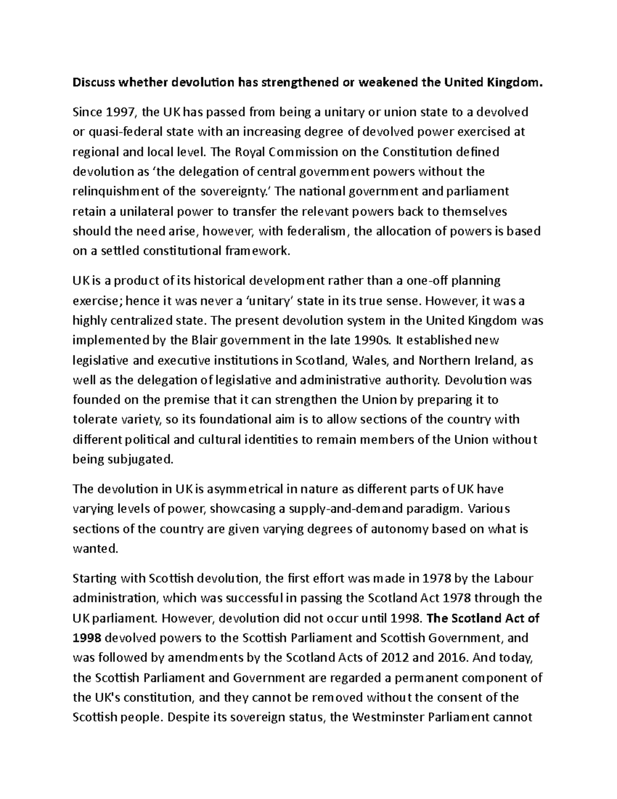 Devolution - PL - Discuss whether devolution has strengthened or ...