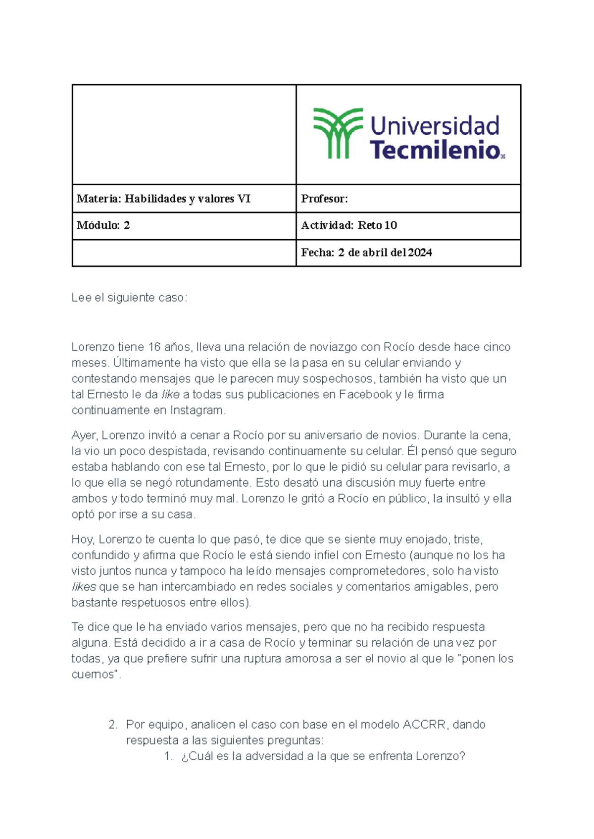 Reto diez- Habi lidades y valores - Materia: Habilidades y valores VI ...