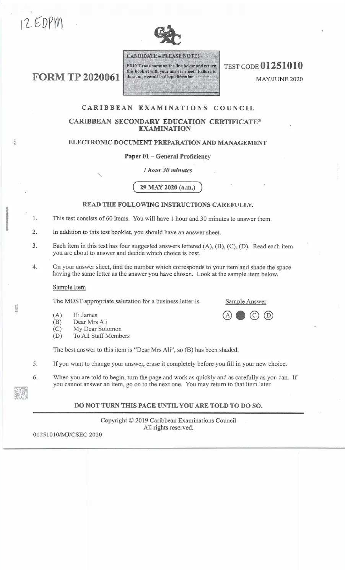 Cxc csec edpm paper 1 2020 - Business Studies - Studocu