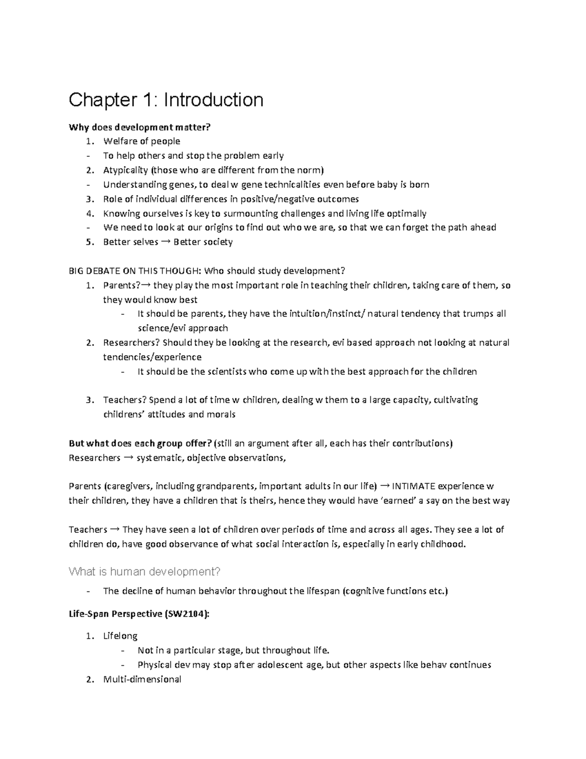 Sem 1 Developmental Notes - Chapter 1: Introduction Why does ...