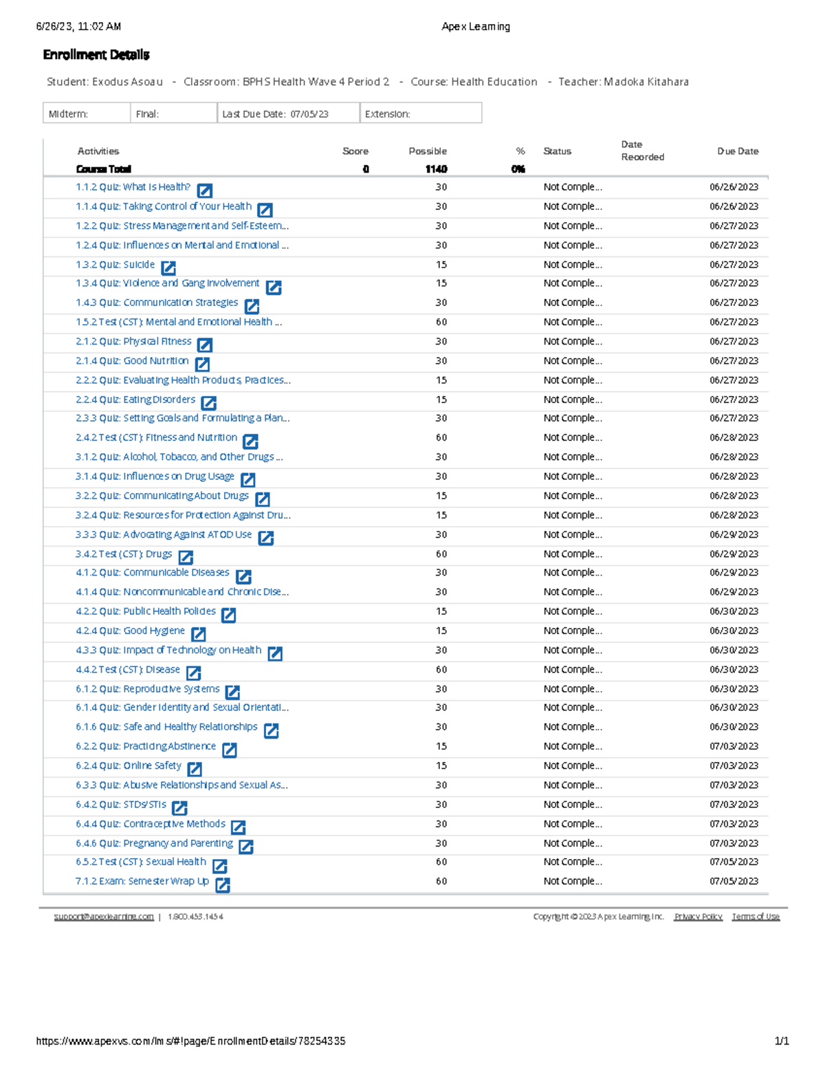 Apex Learning - ssss - 6/26/23, 11:02 AM Apex Learning Student: Exodus ...